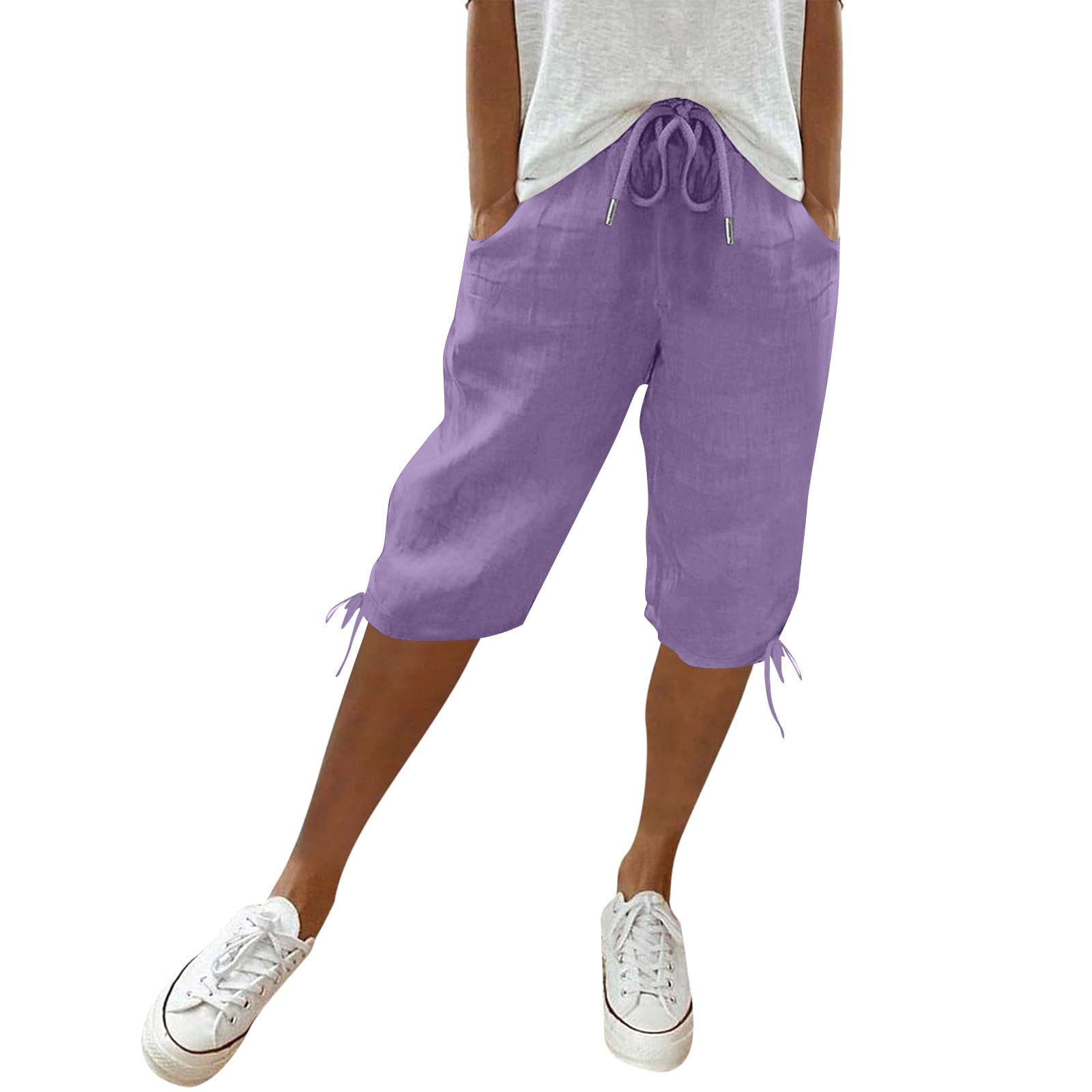 CIENVNSTG Womens Cotton Linen Knee Length Bermuda Shorts Drawstring ...