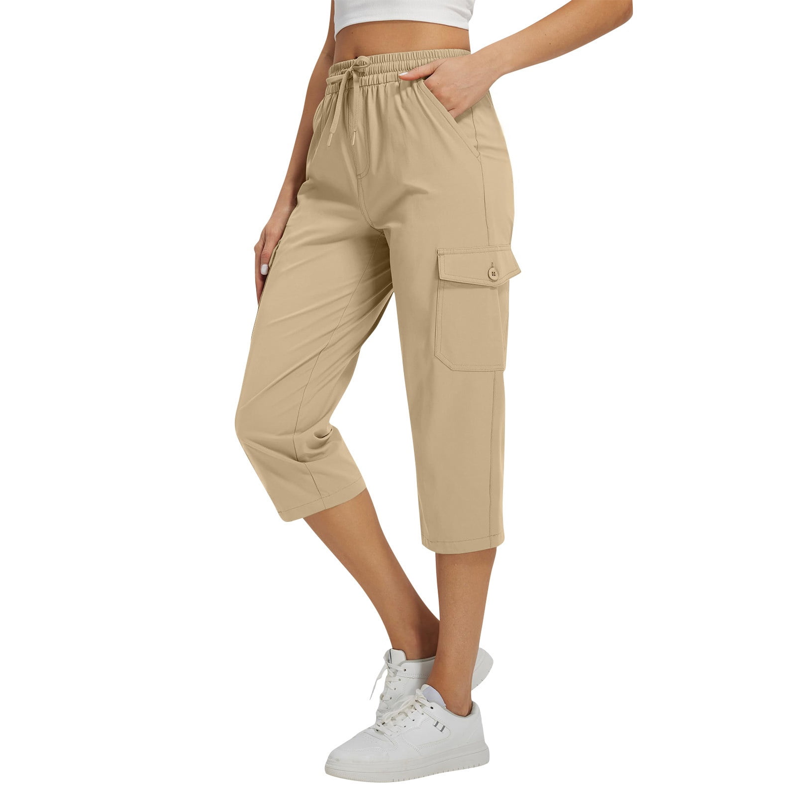 CIENVNSTG Womens High Waist Cargo Capri Pants Button Front Solid Color ...