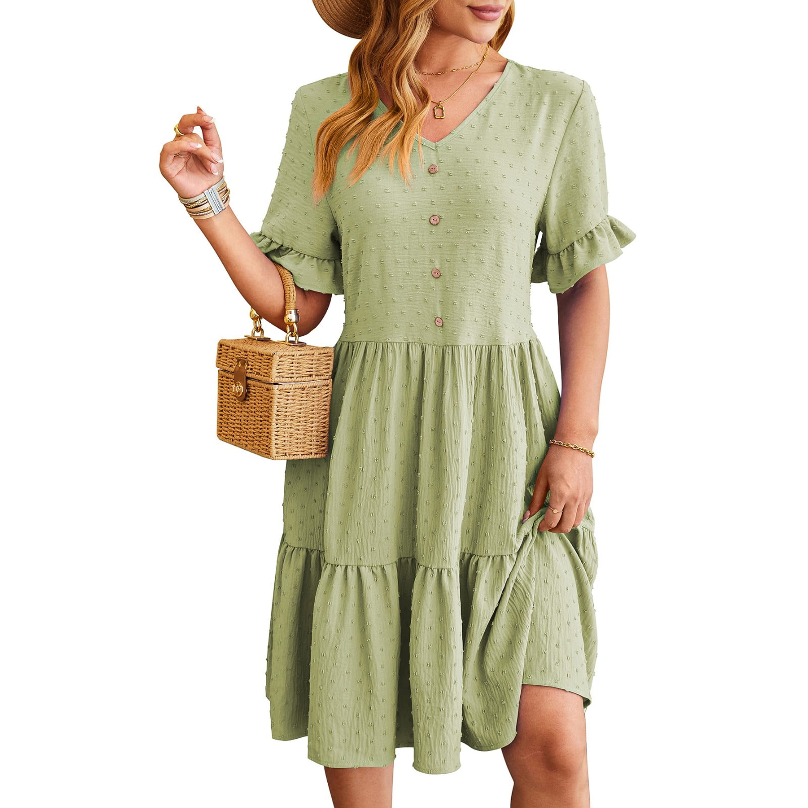 CIENVNSTG Womens Long Dresses V-Neck Button Decorated Dress Soild Color ...