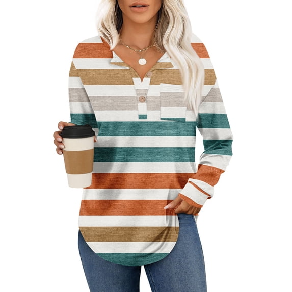 CIENVNSTG Womens Long Sleeve Tops Tunic Tops V Neck Retro Shirts ...