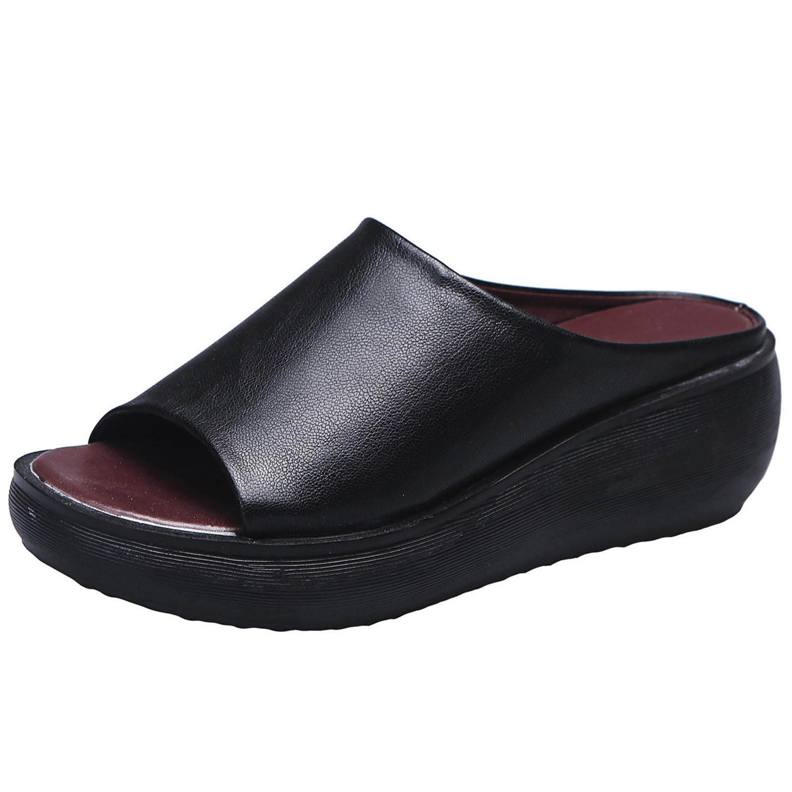 CIENVNSTG Womens Open Toe Faux Leather Slip On Slide Slippers Thick ...