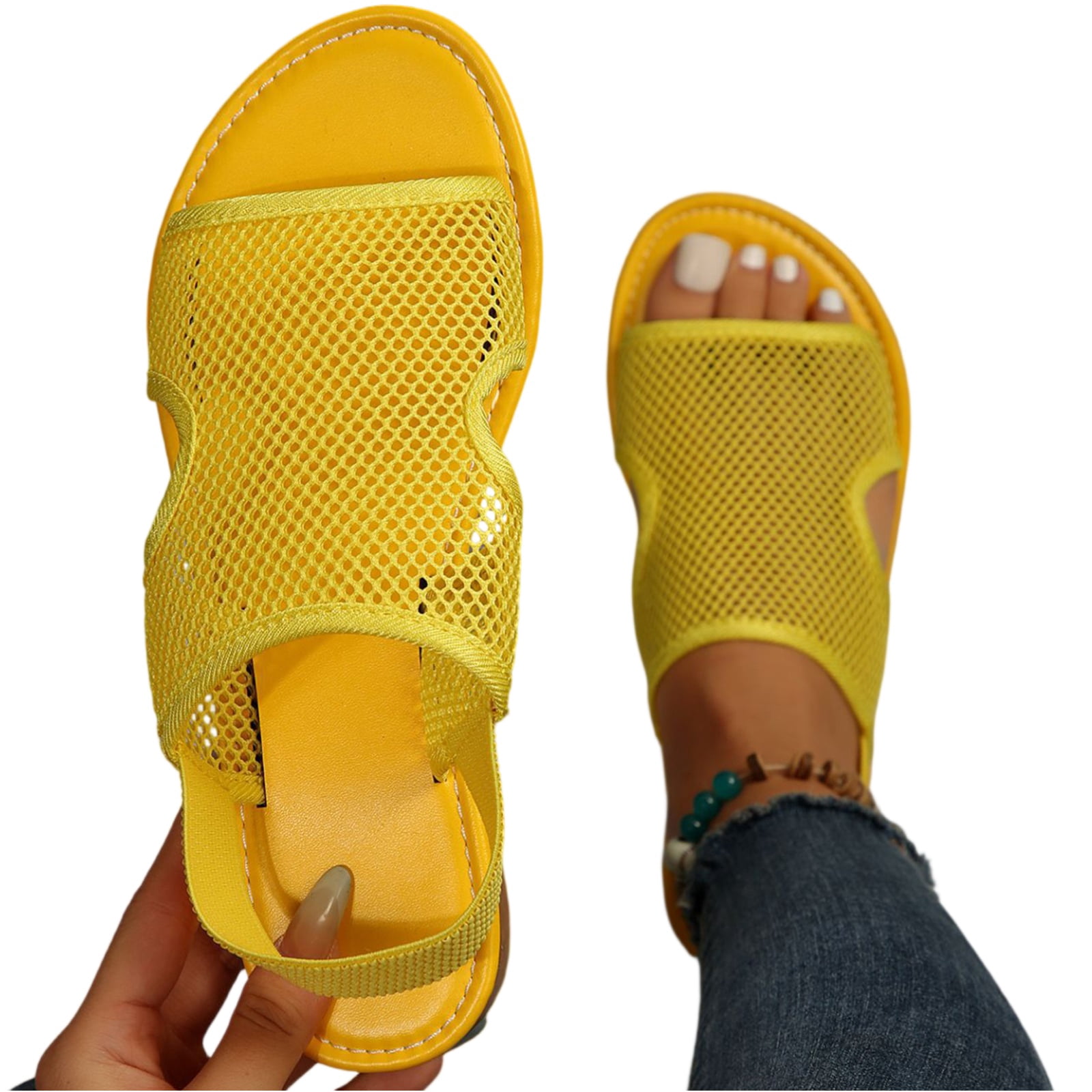 CIENVNSTG Womens Open Toe Flat Sandals Slingback Elastic Back Strap ...