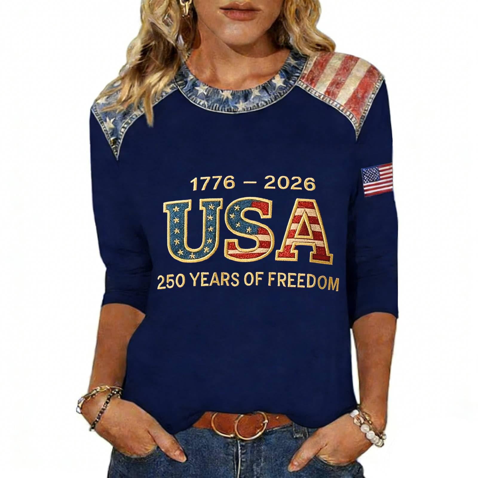 CIENVNSTG Womens Round Neck 3/4 Sleeve Raglan Tops Independence Day ...