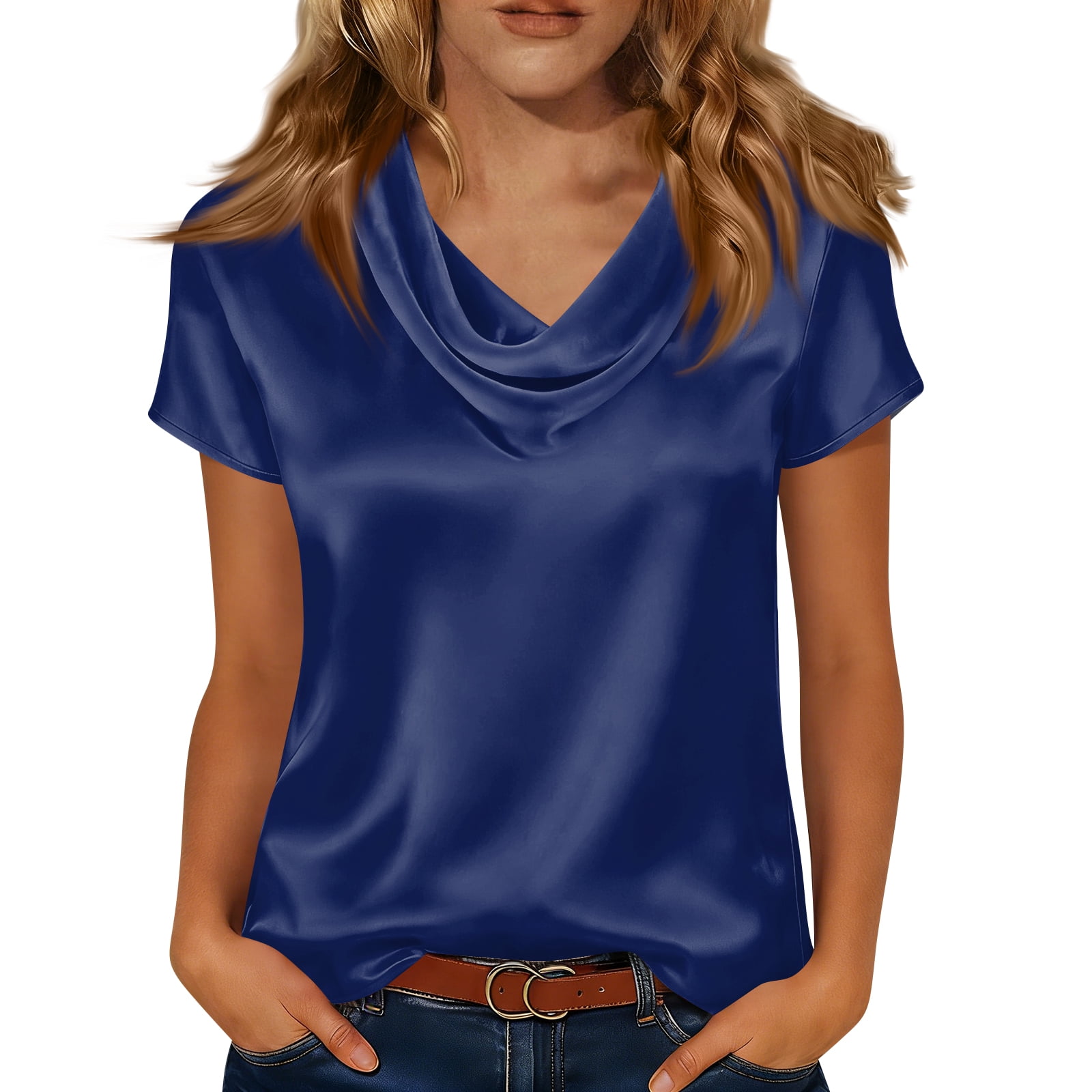 CIENVNSTG Womens Short Sleeve Casual Satin Tops Cowl Neck Solid Color ...