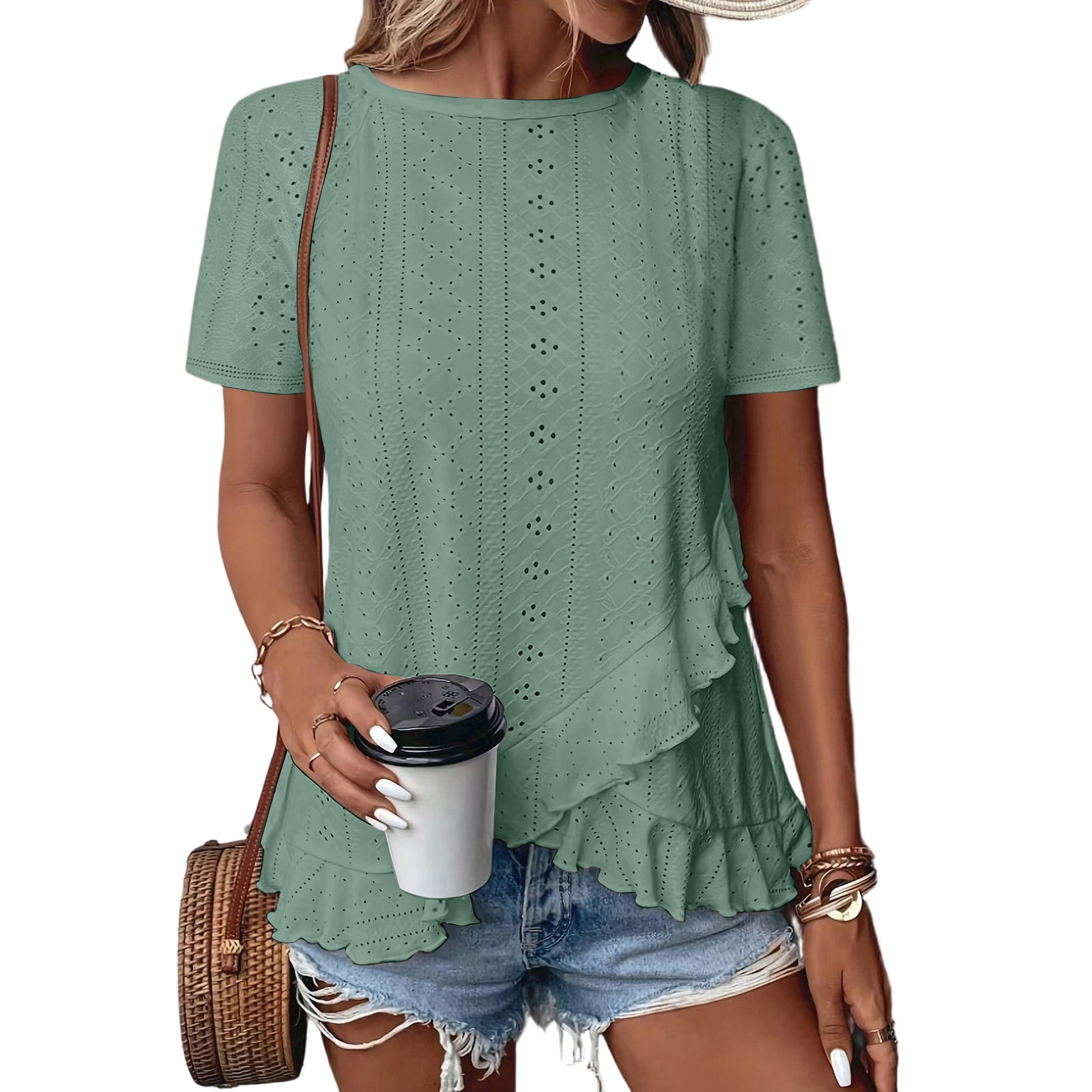 CIENVNSTG Womens Short Sleeve Crew Neck Tee Solid Eyelet Hollow Out ...