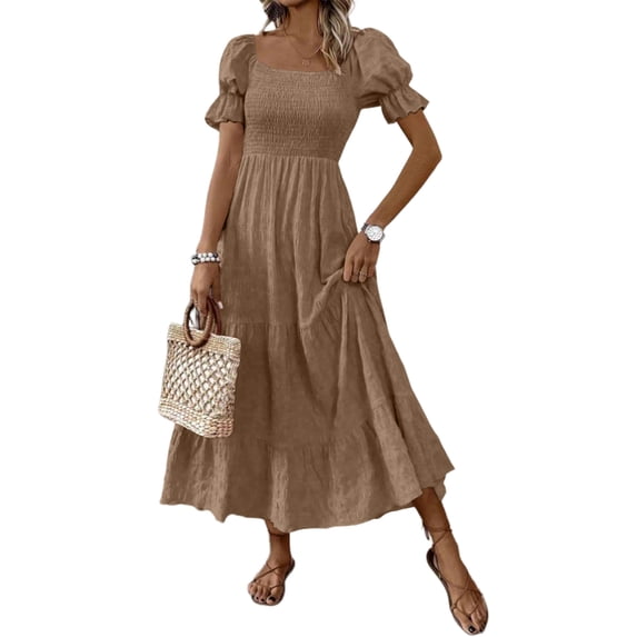 CIENVNSTG Womens Summer Puff Short Sleeve Maxi Dress Square Neck ...