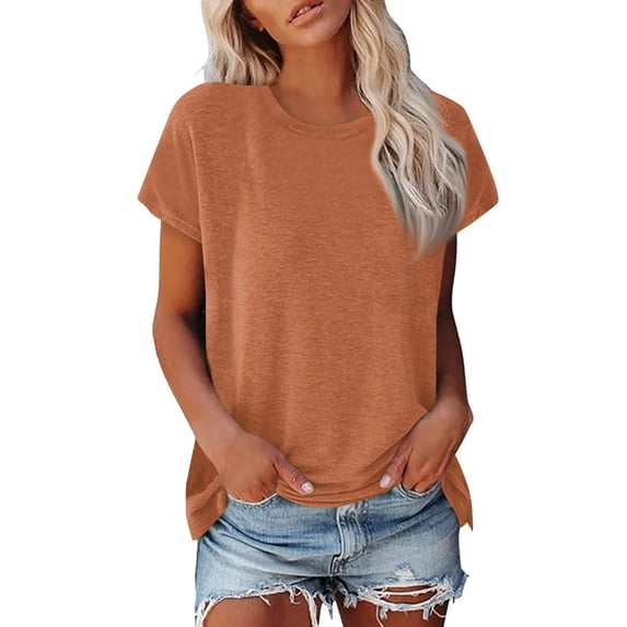 CIENVNSTG Womens Summer Tops Short Sleeve Crew Neck Shirts Solid Color ...