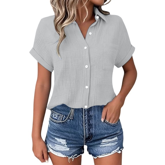 CIENVNSTG Womens Tops Gauze Solid Color Collared Button Down Shirts ...
