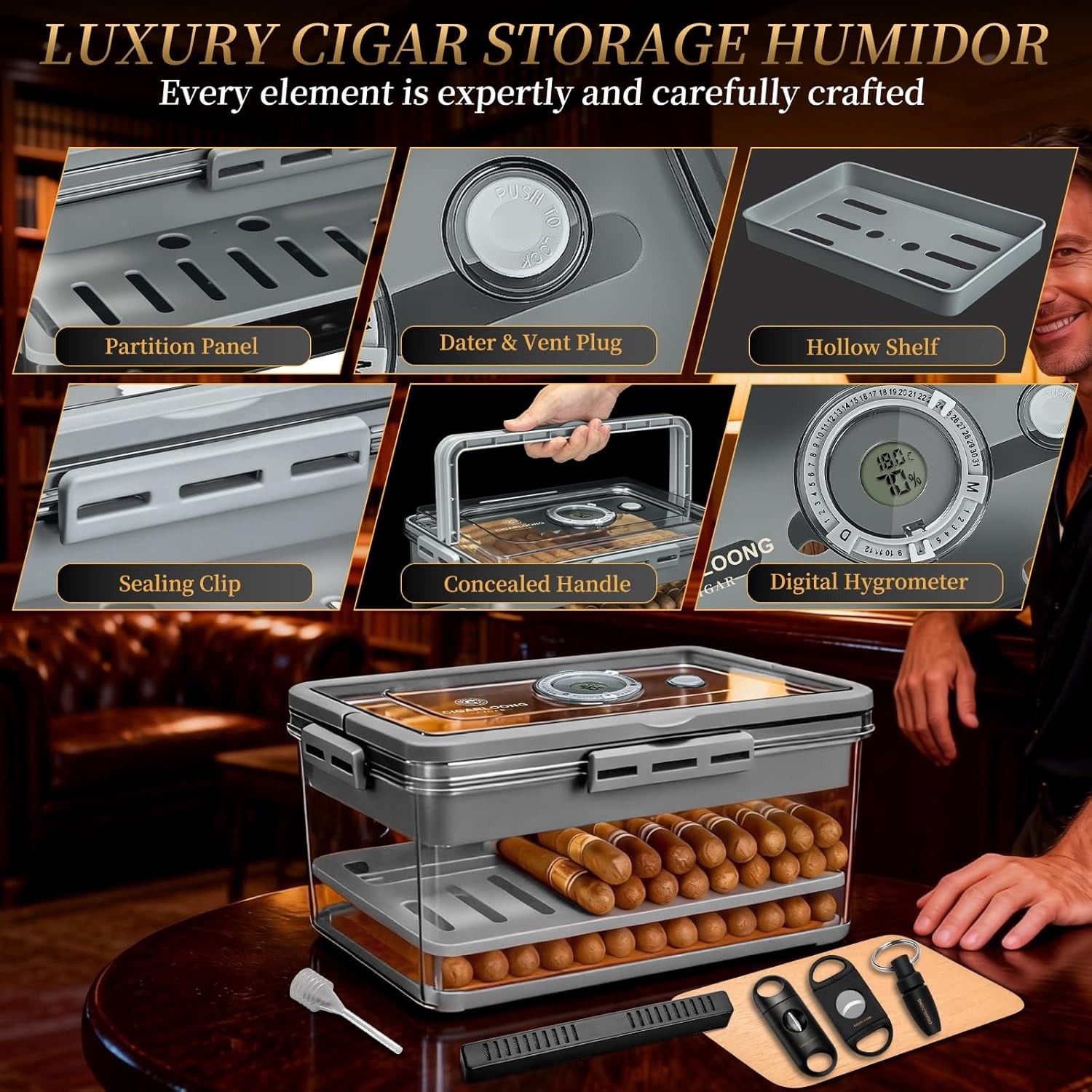 CIGARLOONG Cigar Humidor, Full Transparent Cigar Box with Humidifier ...