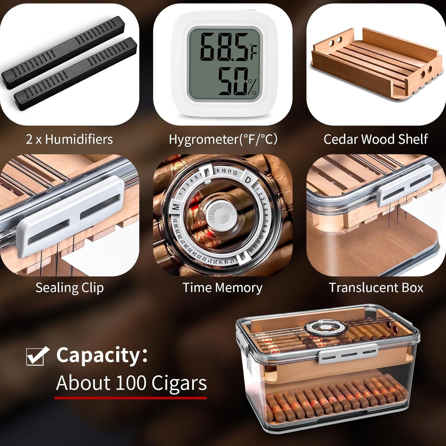 CIGARLOONG Cigar Humidor Large with Cedar Shelves, 2 Humidifiers and ...