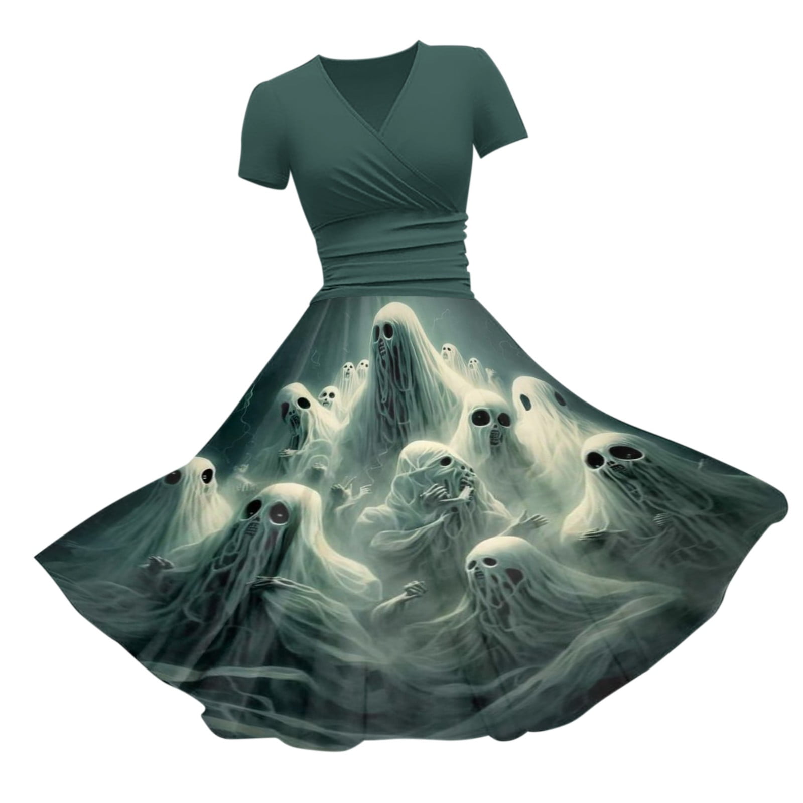 CILENON Skeleton Ghost Patterned Dress Halloween V neck Dress Short ...