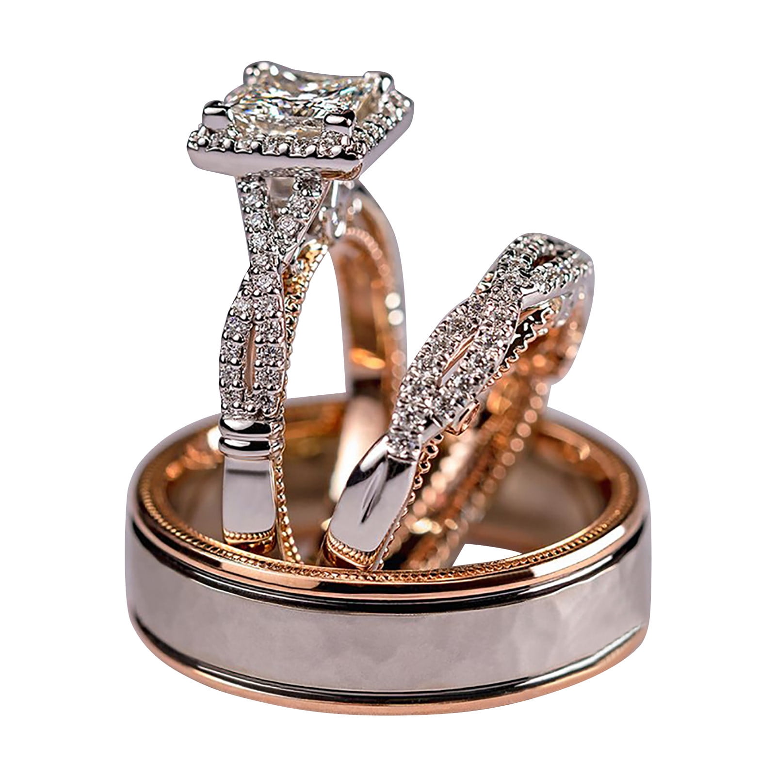 CILENON Three-Piece Ring Rose Gold Color Separation Sparkling Zircon ...