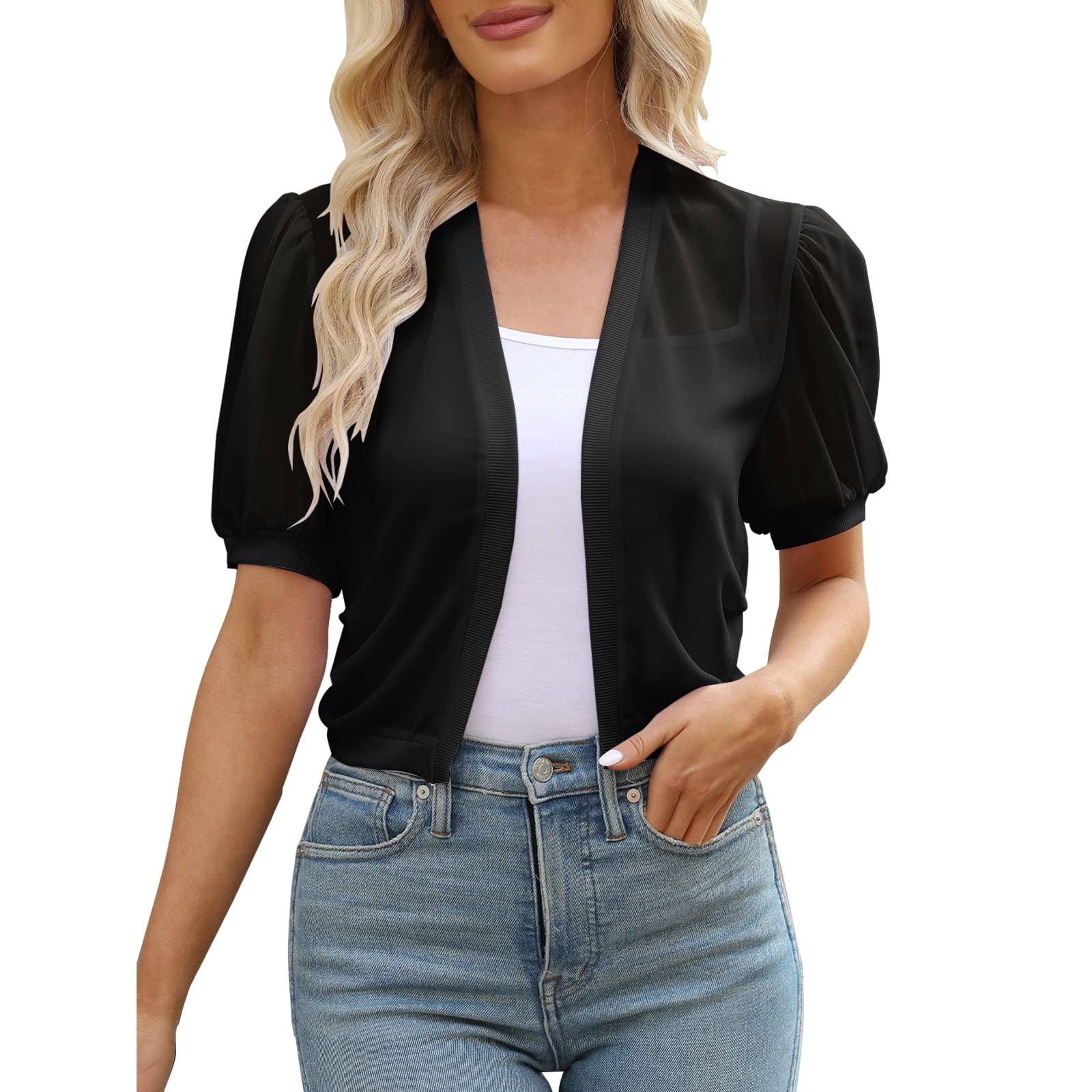 CILENON Women's Cardigans Women Puff Sleeve Bolero Open Front Summer ...