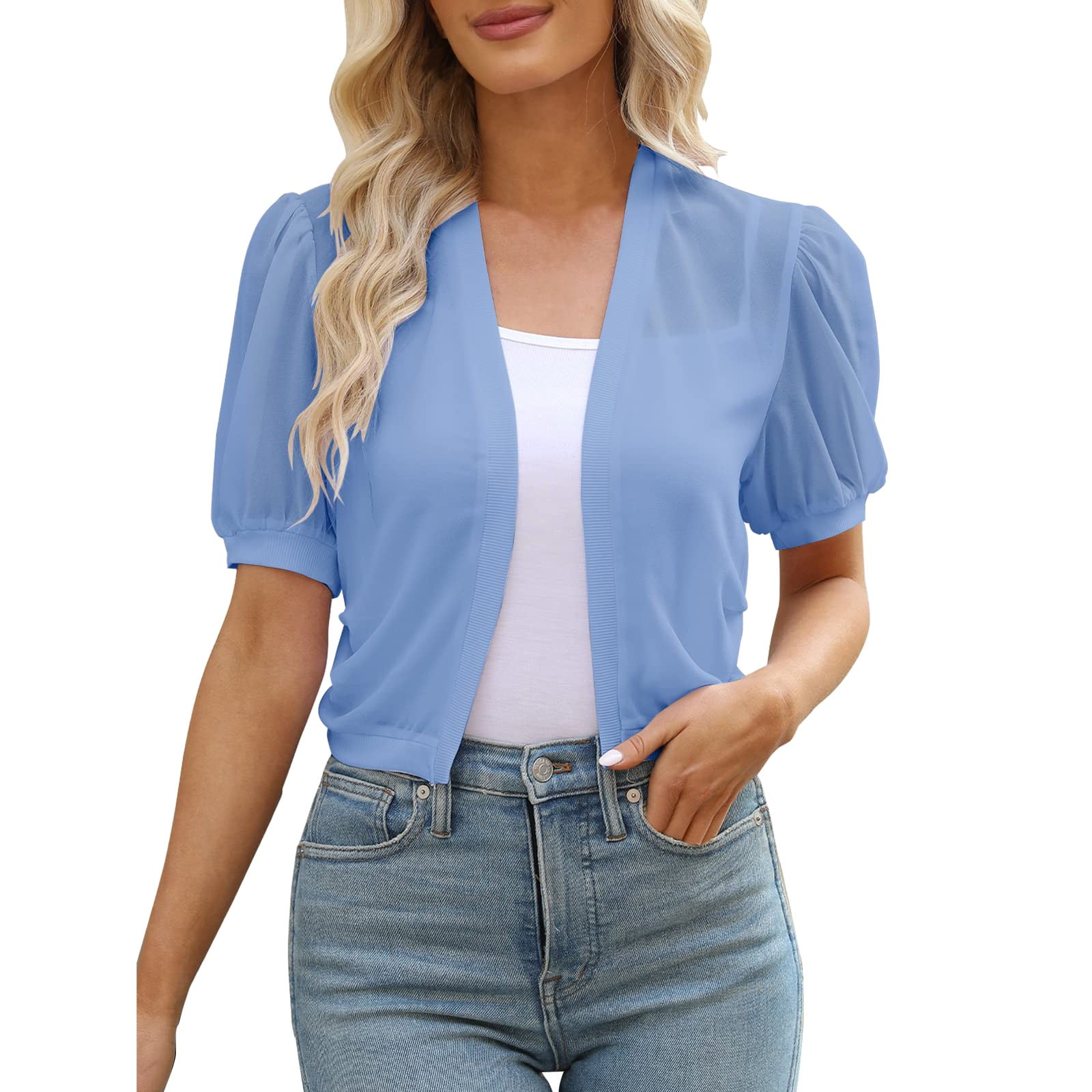 CILENON Women's Cardigans Women Puff Sleeve Bolero Open Front Summer ...