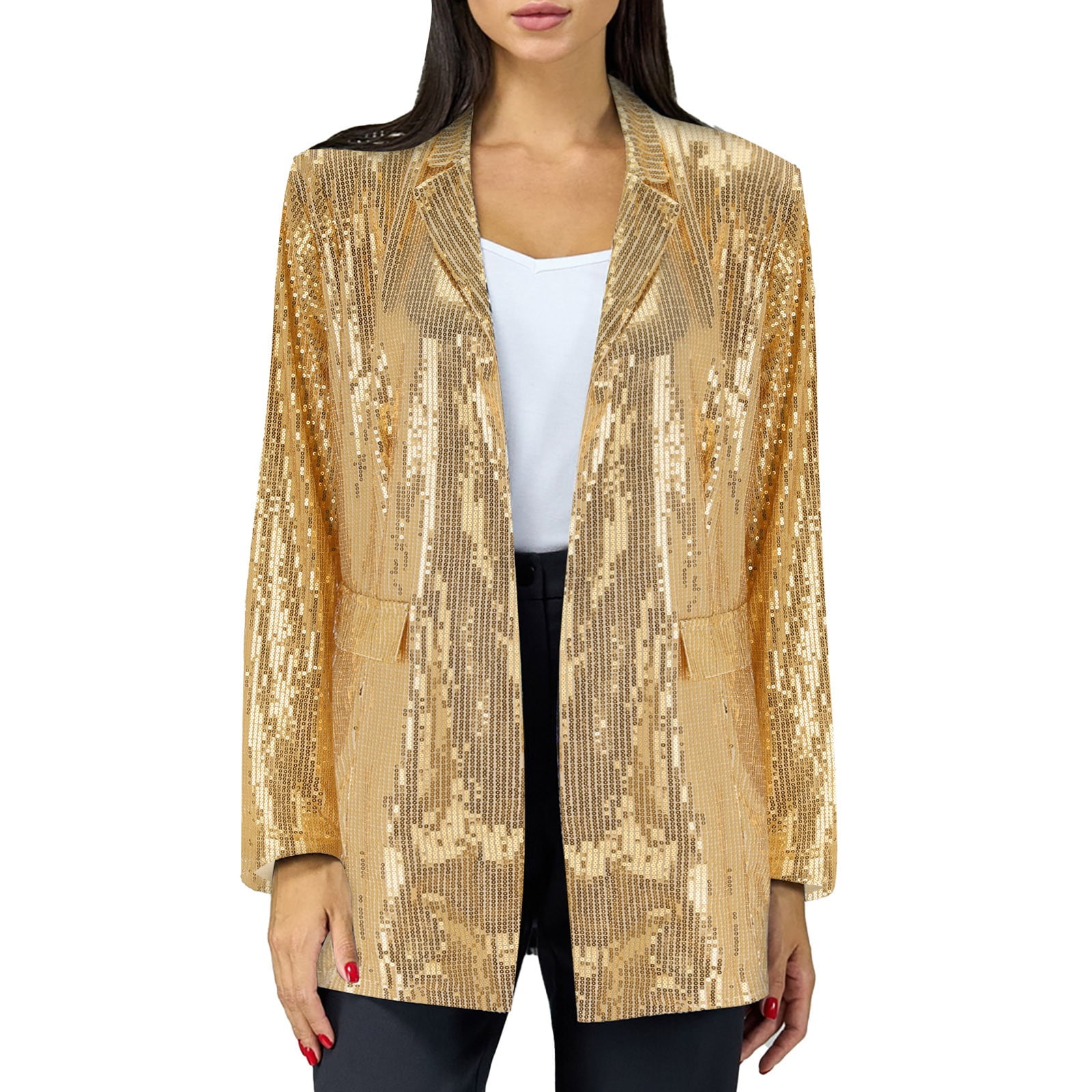 CILENON Women's Sequin Jackets Open Front Blazer Jacket Casual Long ...