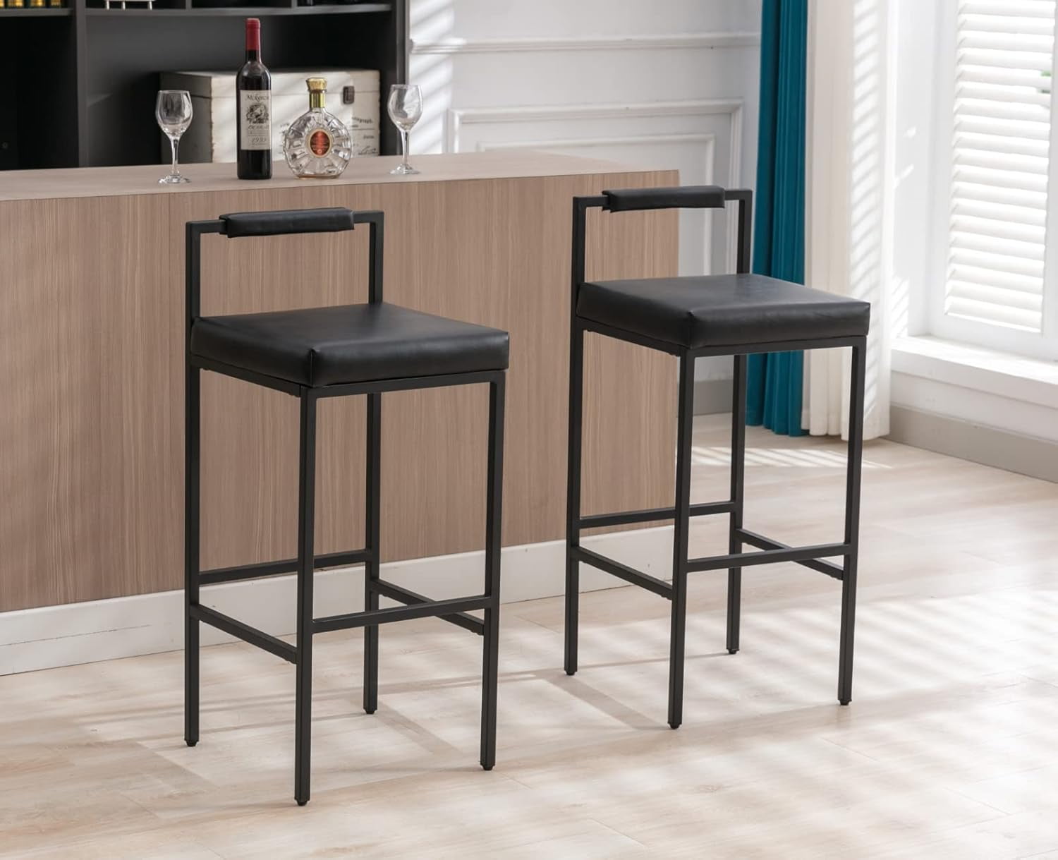CIMOTA Black Modern Bar Stools Set of 2 with Low Back, Leather Bar ...