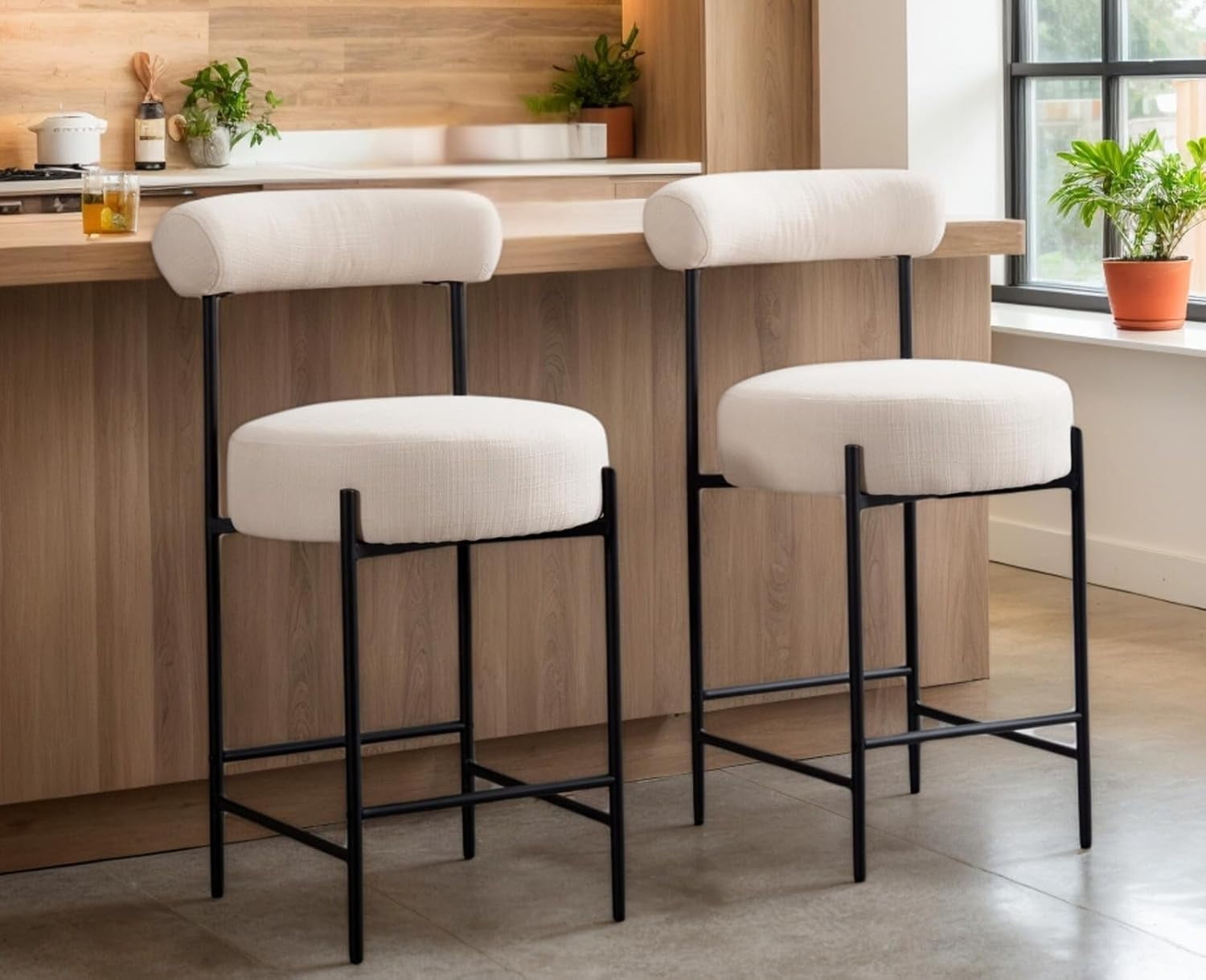 CIMOTA Cream Counter Height Bar Stools Set of 2, 26 Inch Modern Bar ...