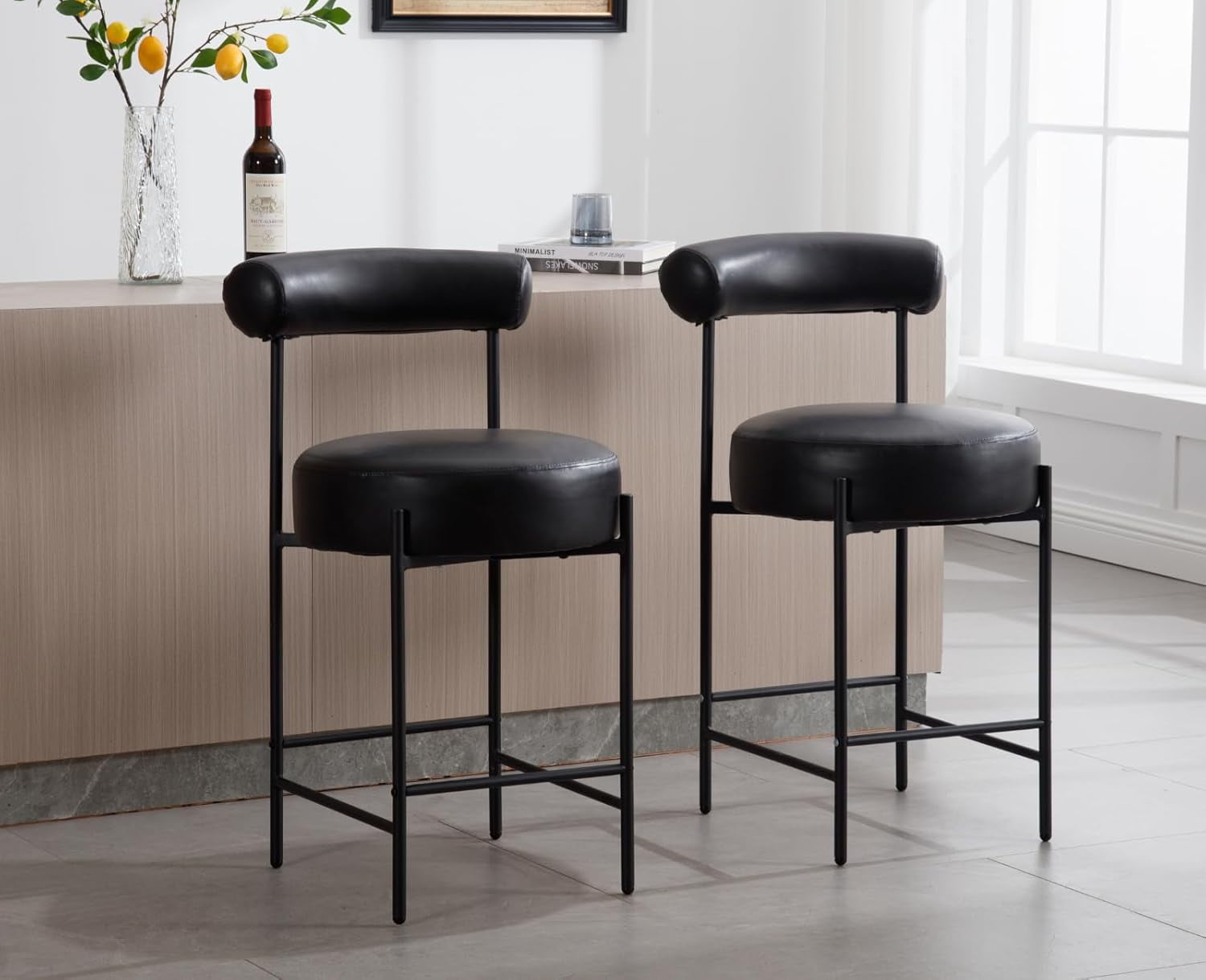 CIMOTA Modern Leather Bar Stools Set of 2, Upholstered Counter Height ...