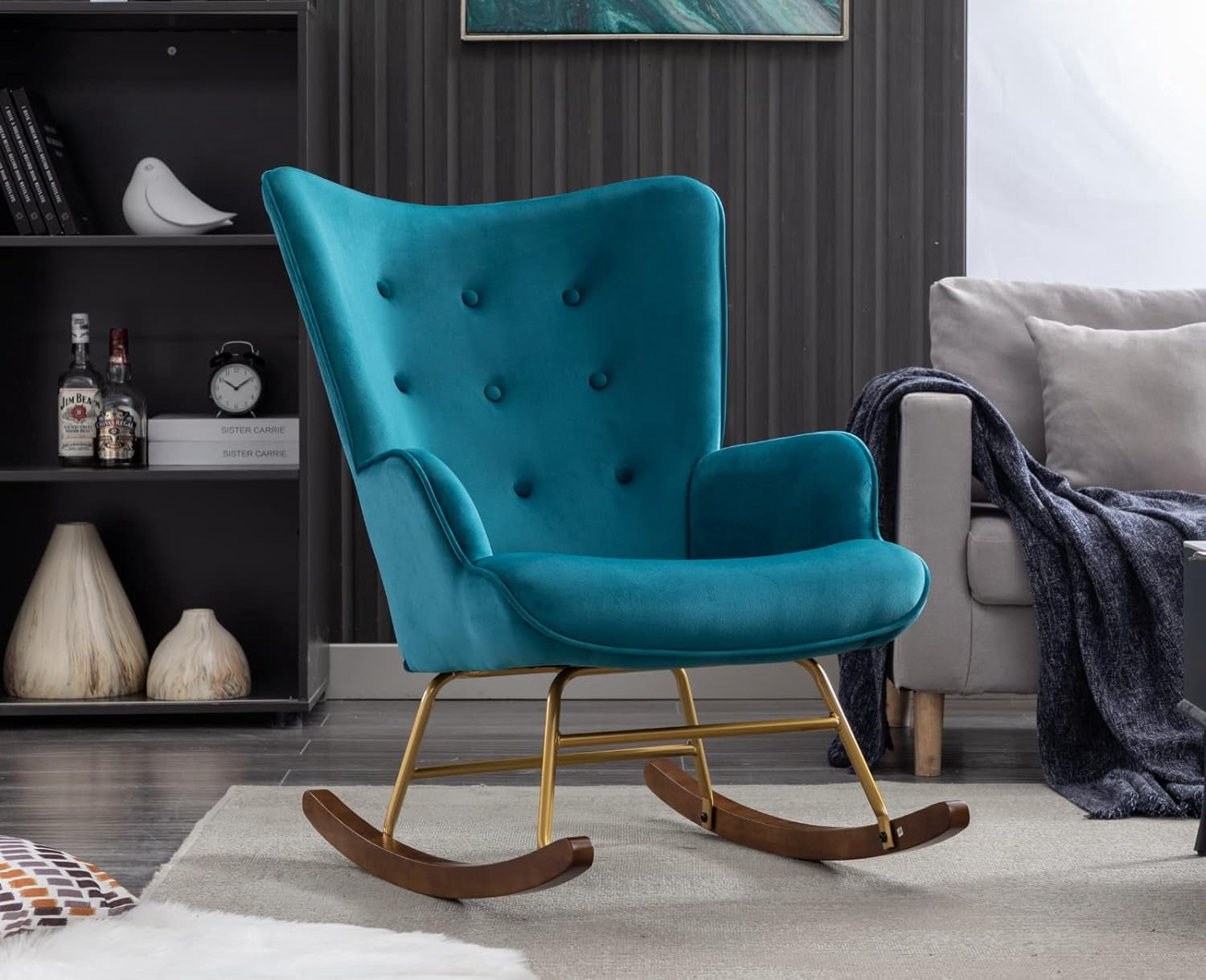 CIMOTA Modern Rocking Chair, Velvet Armchair Tufted Wingback Rocker ...