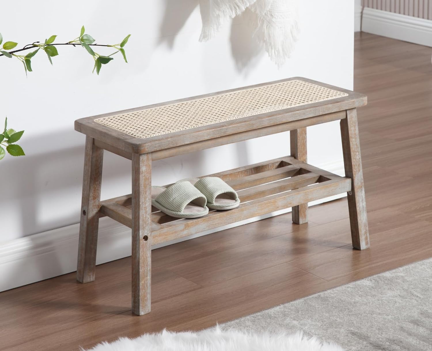 CIMOTA Rustic Rattan Wood Entryway with Woven Wicker Seat & Shoe ...