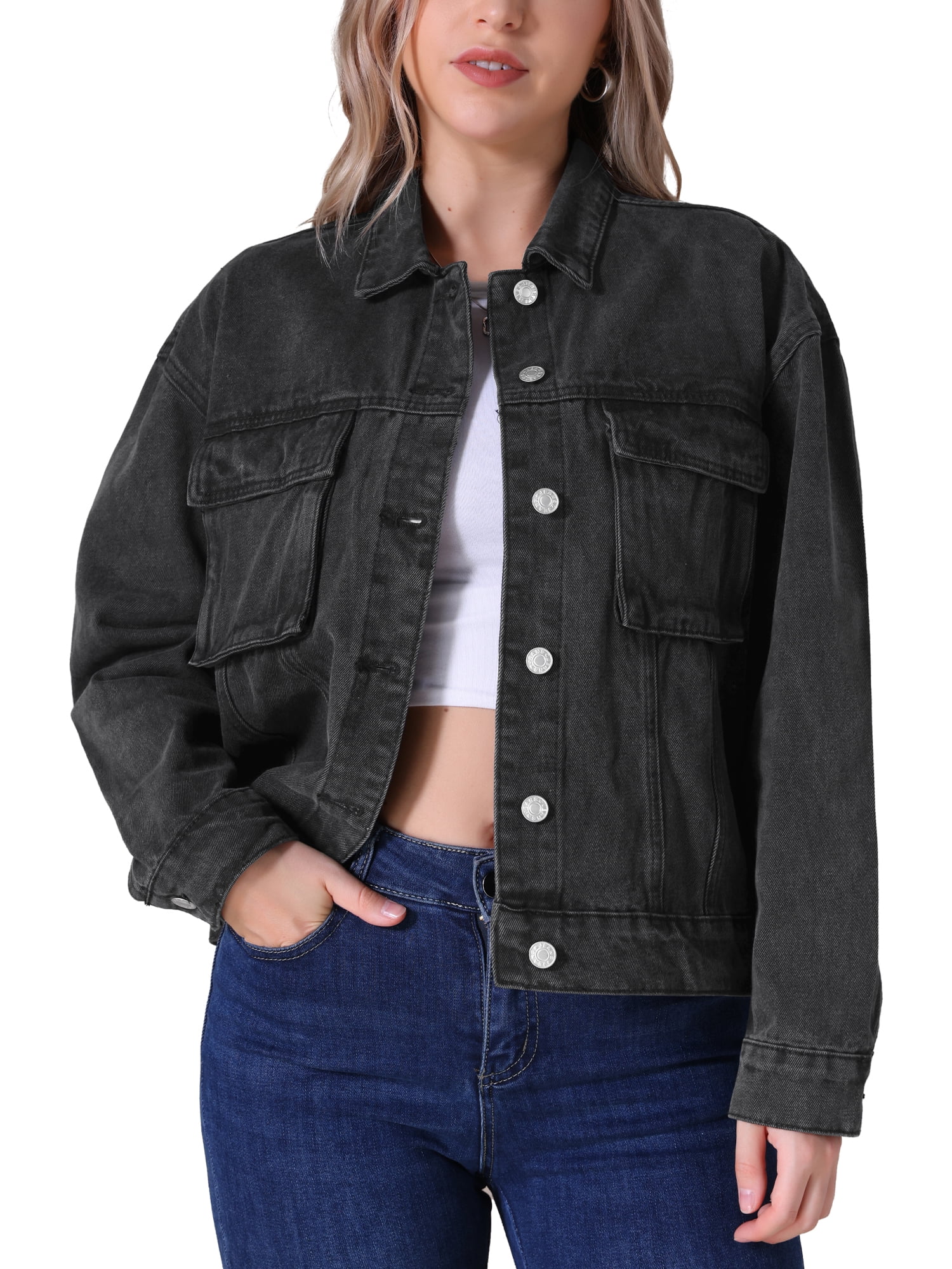 CIMUK Women's Jean Jacket Button Down Pockets Oversized Denim Jacket ...