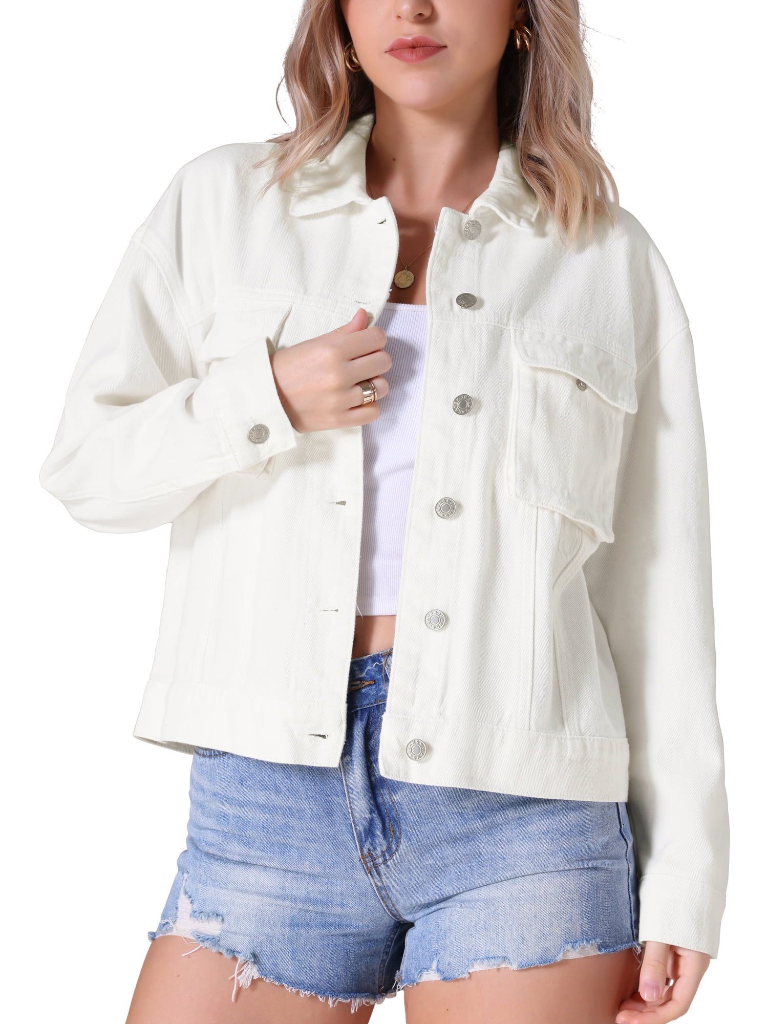CIMUK Women's Jean Jacket Button Down Pockets Oversized Denim Jacket ...