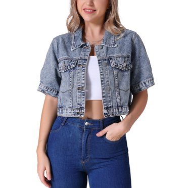Cali1850 Women's Denim Crop Jacket Casual Bandana Print Button Down ...