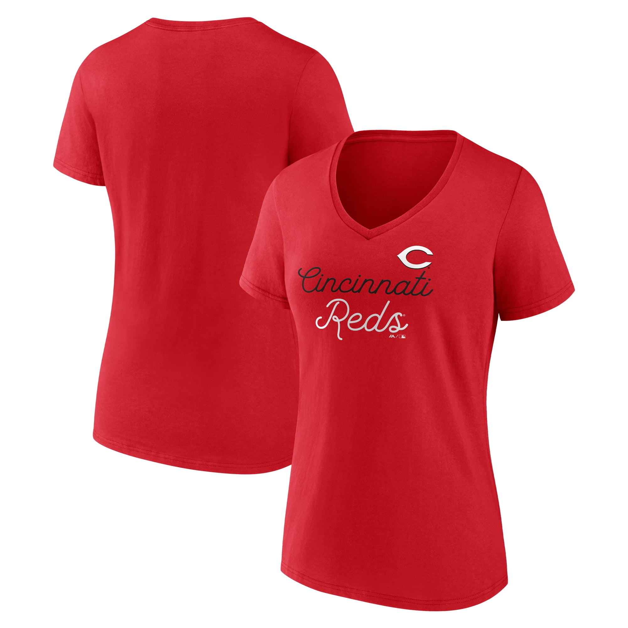 CINCINNATI REDS Womens Primry Color Cotton Vee Short Sleeve Script Tee ...