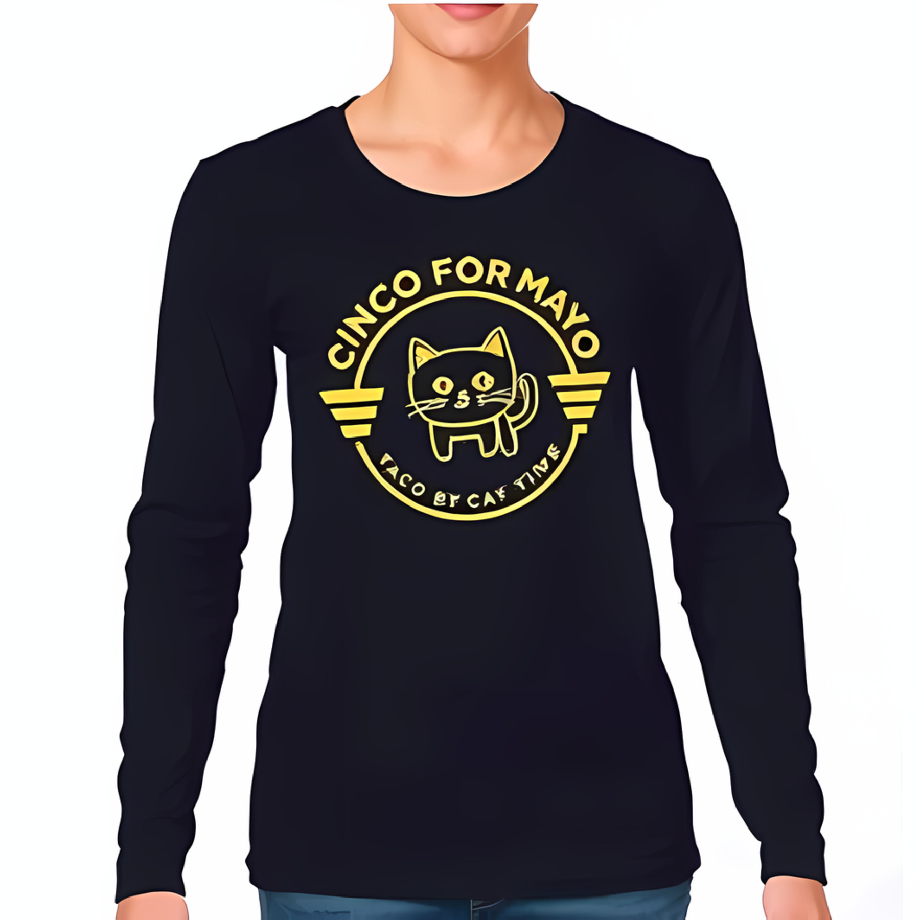 CINCO FOR MAYO Long Sleeve T-Shirt - Navy Blue with Bright Yellow Cat ...