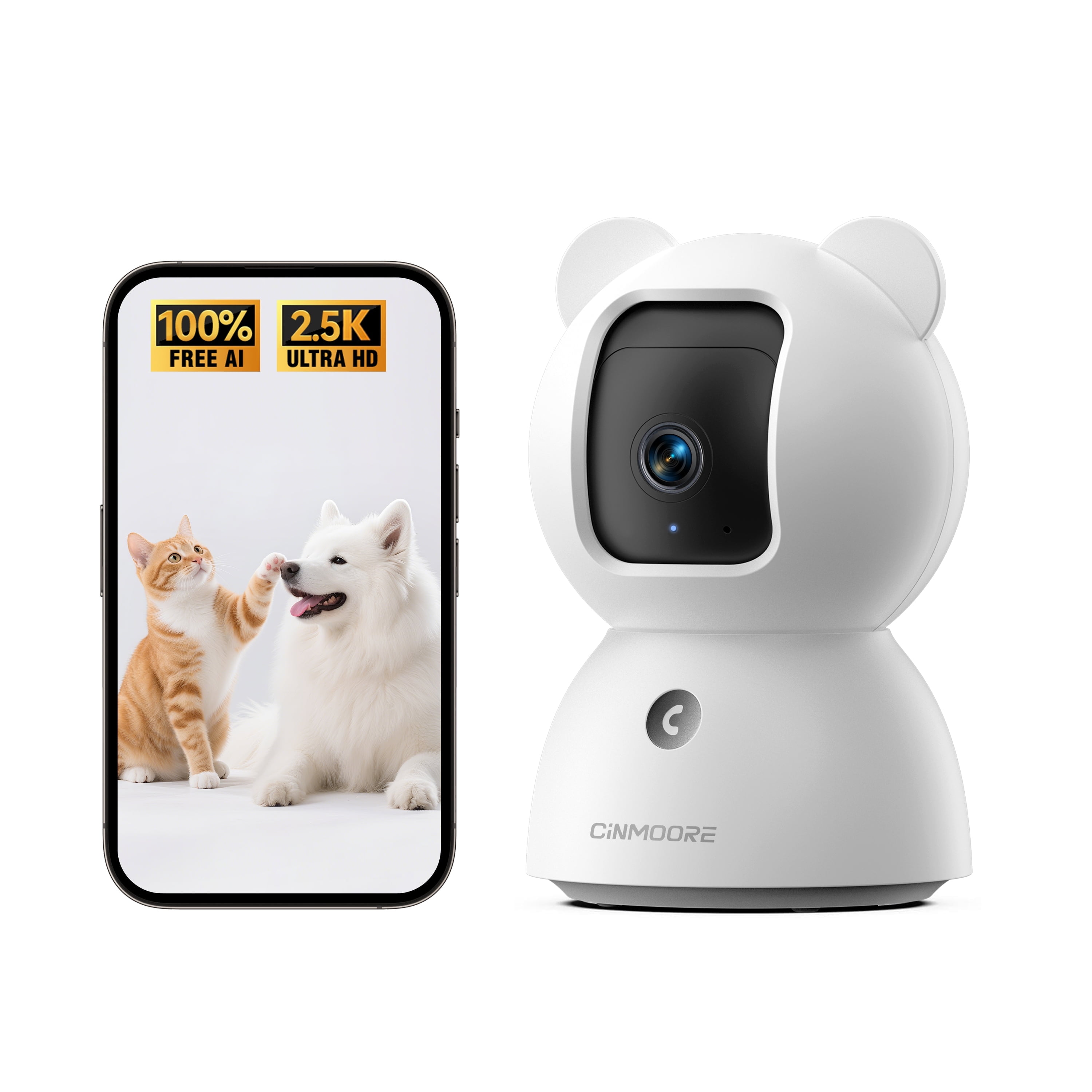 CINMOORE 2.5K Pet/Dog/Cat Camera with Phone App, No-Subscription Local ...