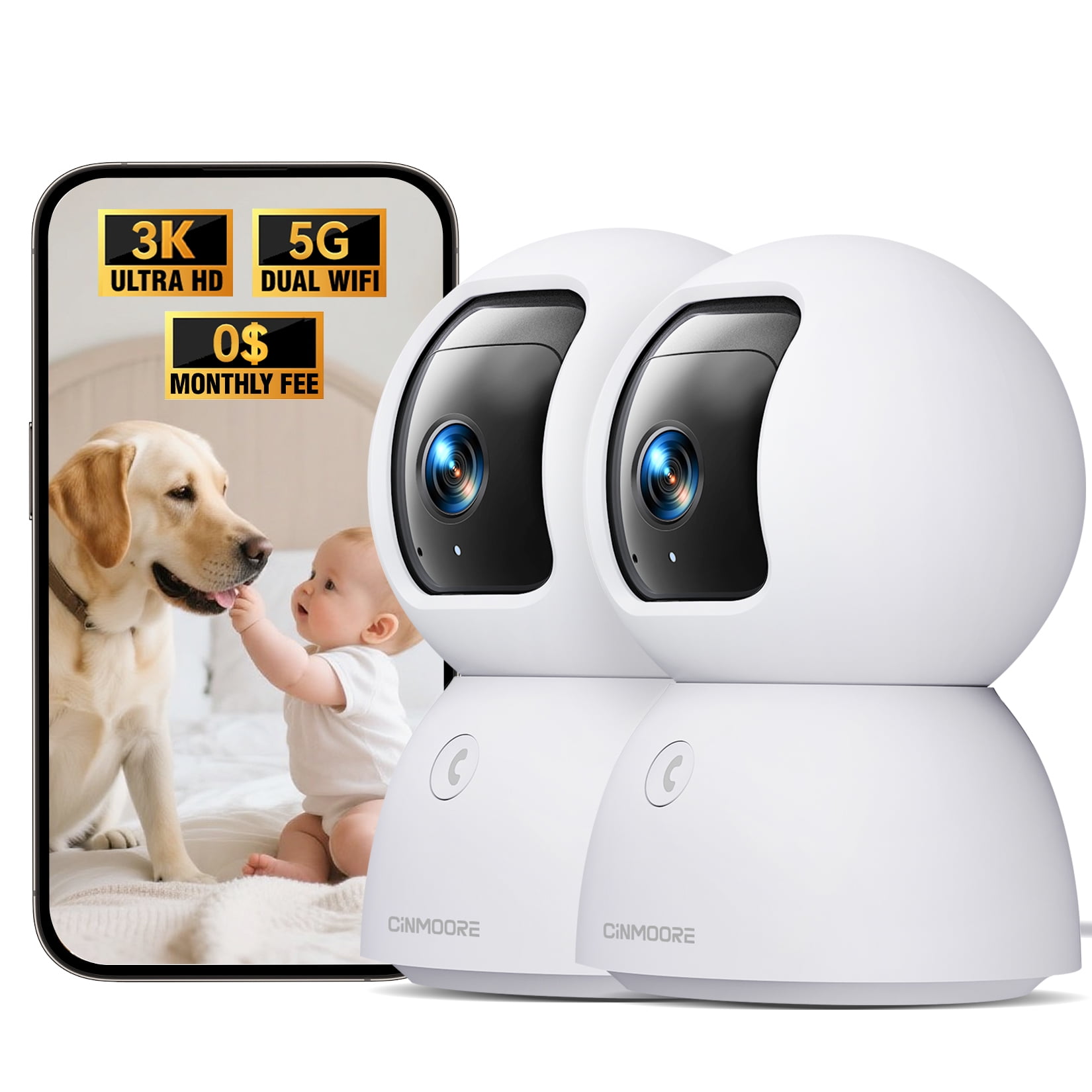 CINMOORE 3K 5MP Pet/Dog Camera with Phone App, Dual-Band WiFi 6 5GHz ...
