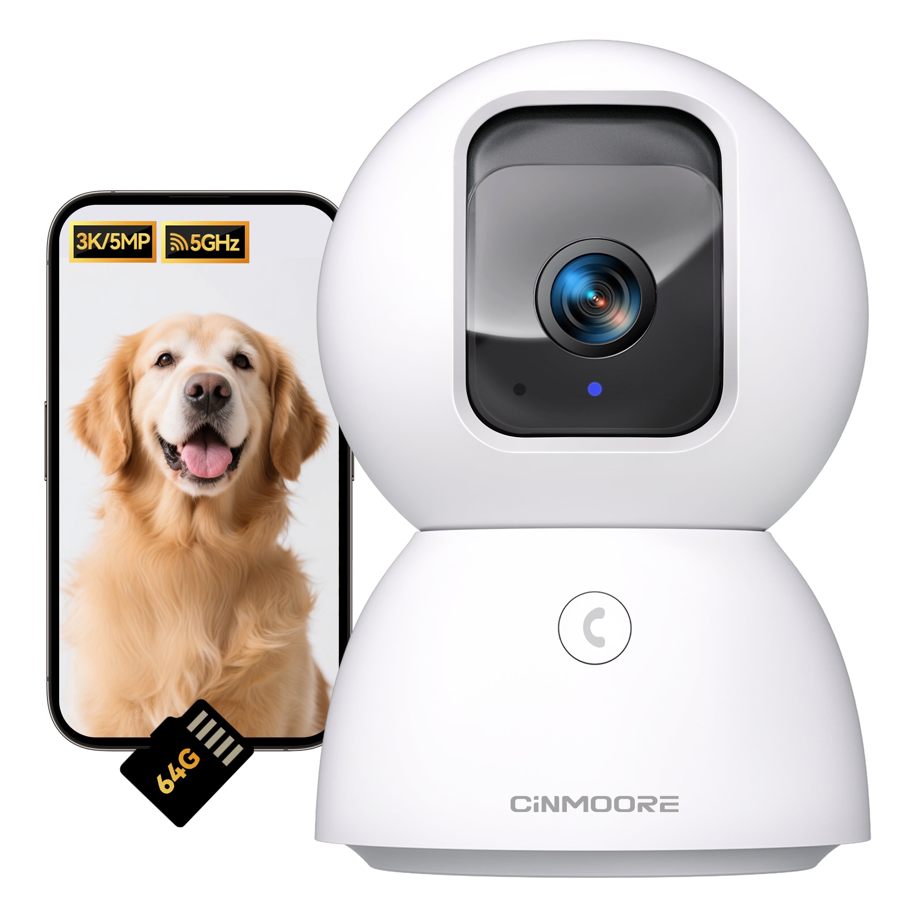 CINMOORE 3K 5MP Pet/Dog Camera with Phone App, Dual-Band WiFi 6 5GHz ...