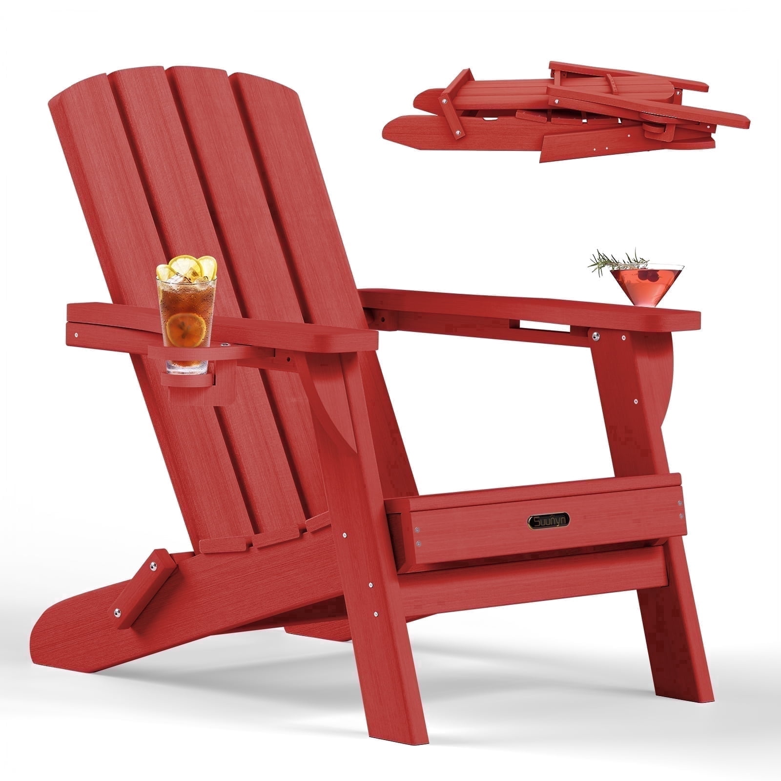 Folding Adirondack Chair, HDPE All-Weather Lawn Chair with 2 Cup Holder ...