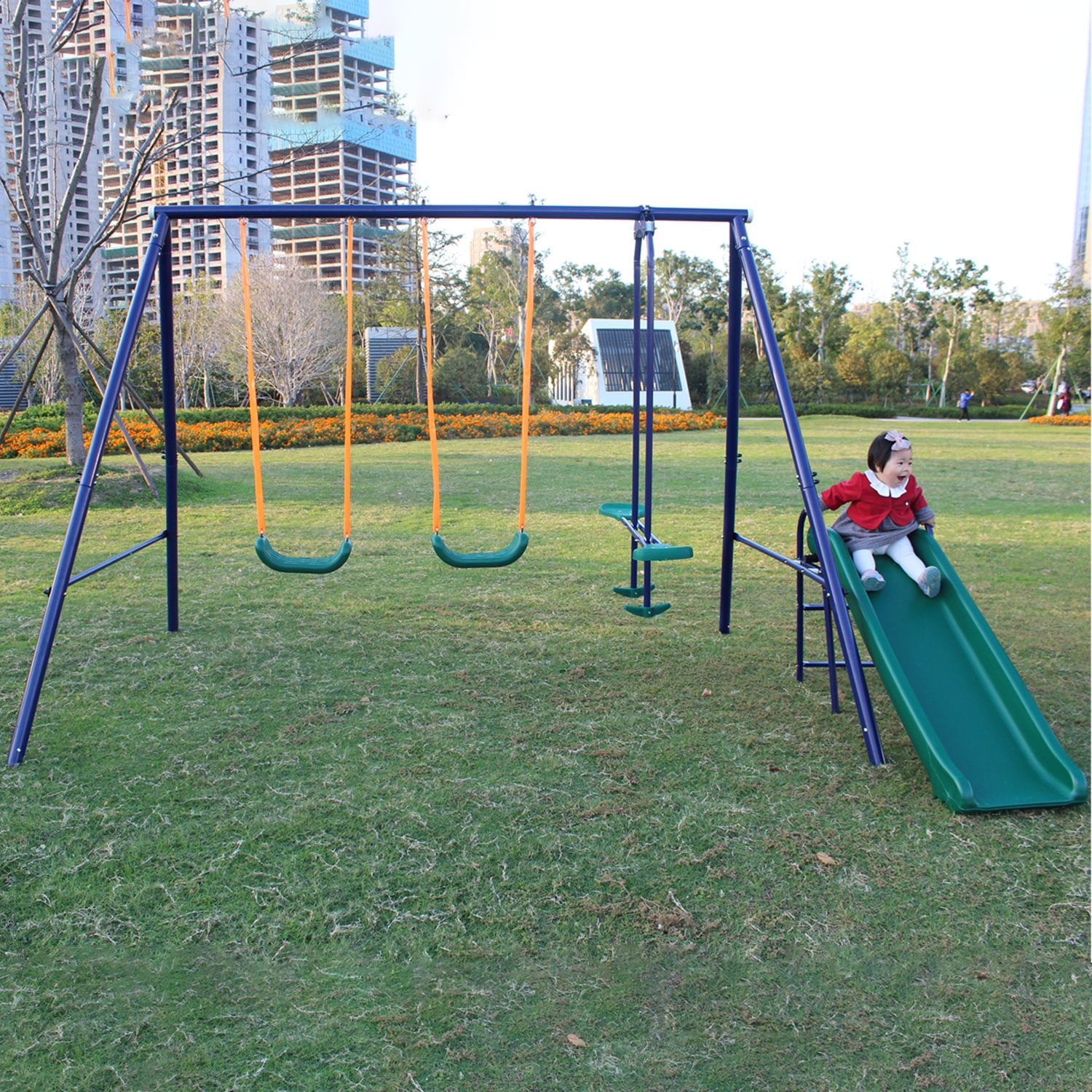 CIPACHO 124" A-Frame Metal Swing Set with Slide, Kids Swing Toy Set for ...