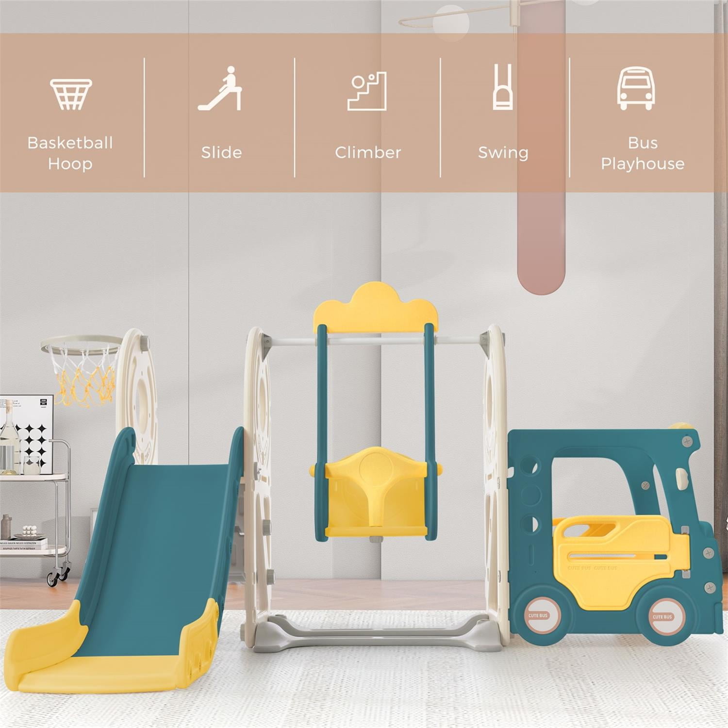 CIPACHO 5 in 1 Kids Playground Climber Slide Playset, Swing, Basketball ...