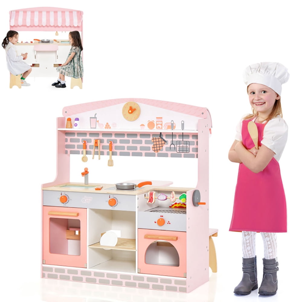 CIPACHO Double-Sided Kids Play Kitchen Set with Canopy and 2 Seats ...
