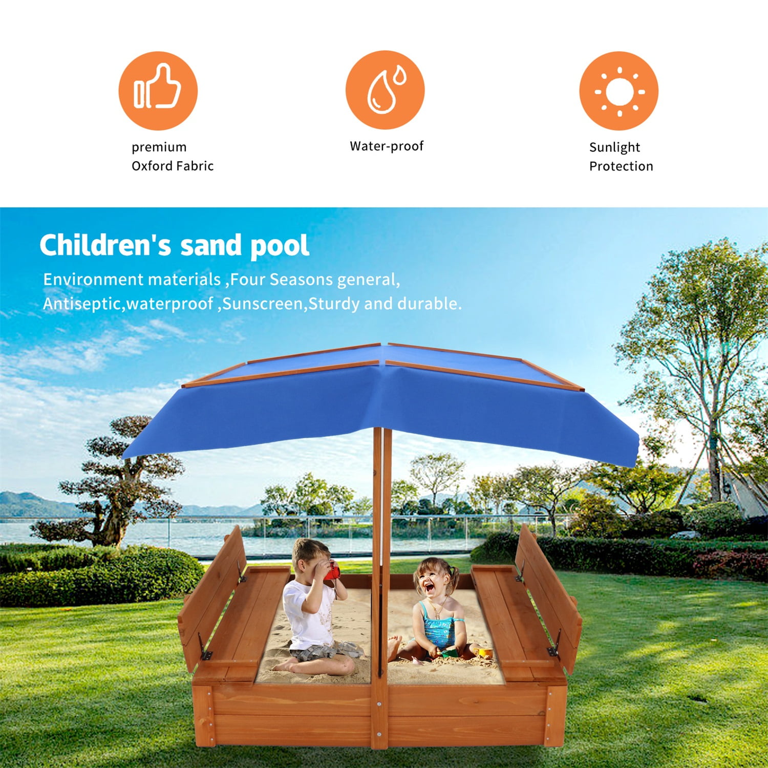 CIPACHO Solid Wood Sandbox with UV-Proof Canopy, Built-in Benches ...