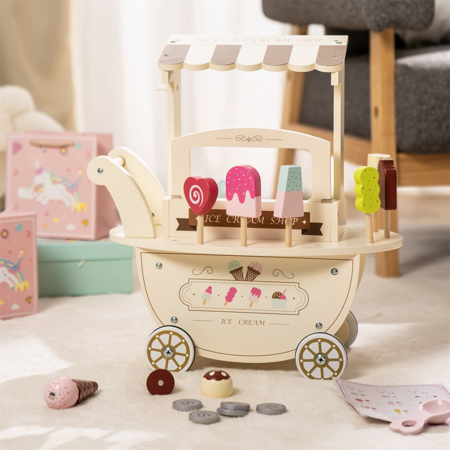 CIPACHO Wooden Ice Cream Cart Toys for Kids Toddlers, Toddlers Pretend ...