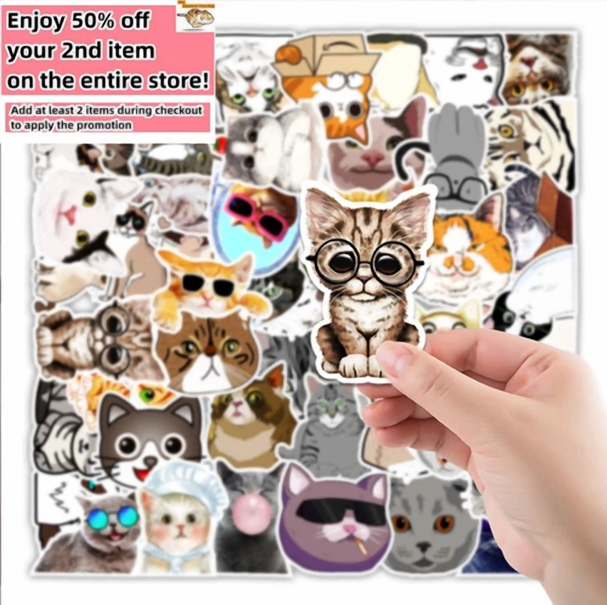 CIRCLE- 50Pc Waterproof Vinyl Stickers Cute Funny Cats Luggage Phone ...