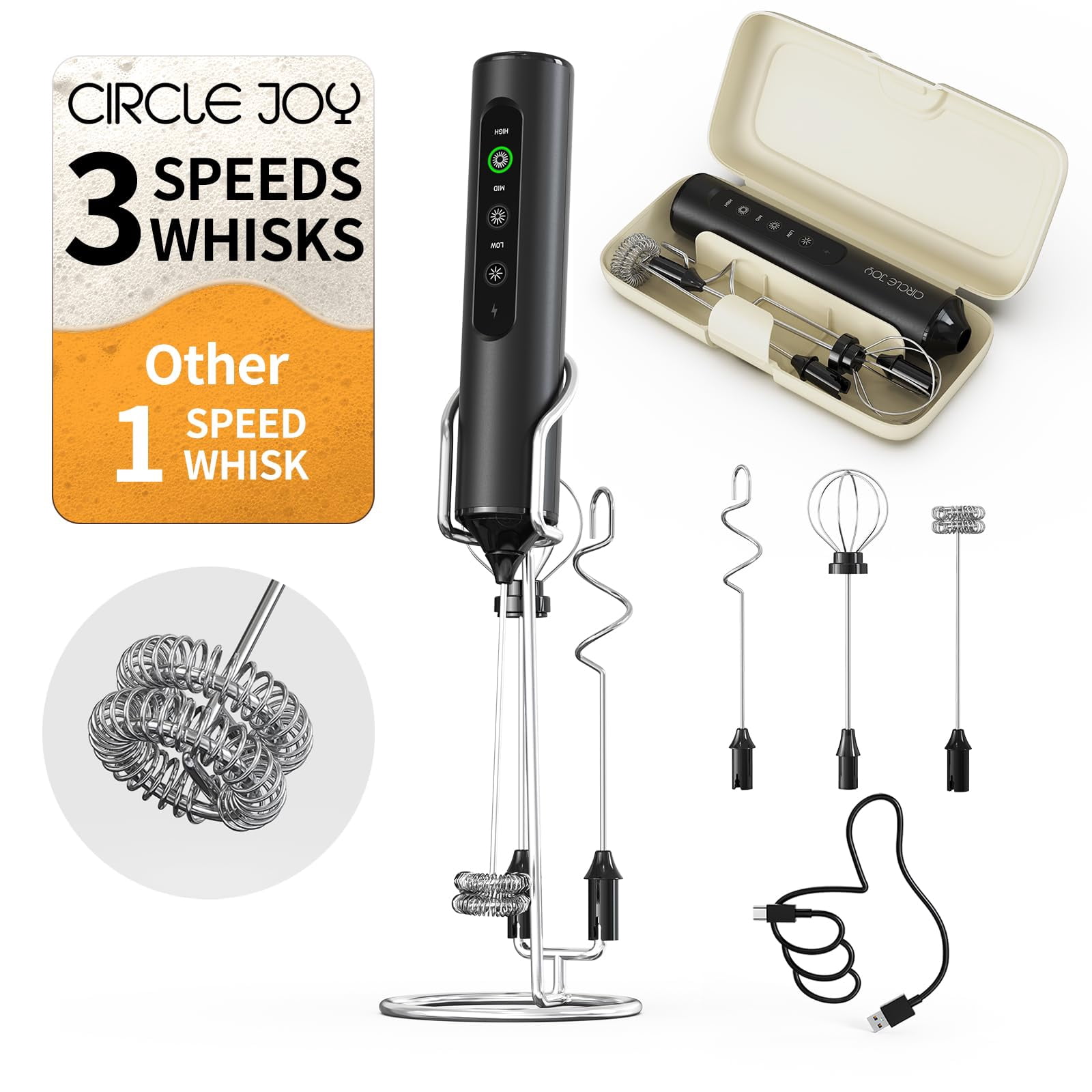 CIRCLE JOY Rechargeable Handheld Milk Frother Wand with Stand, 3 ...