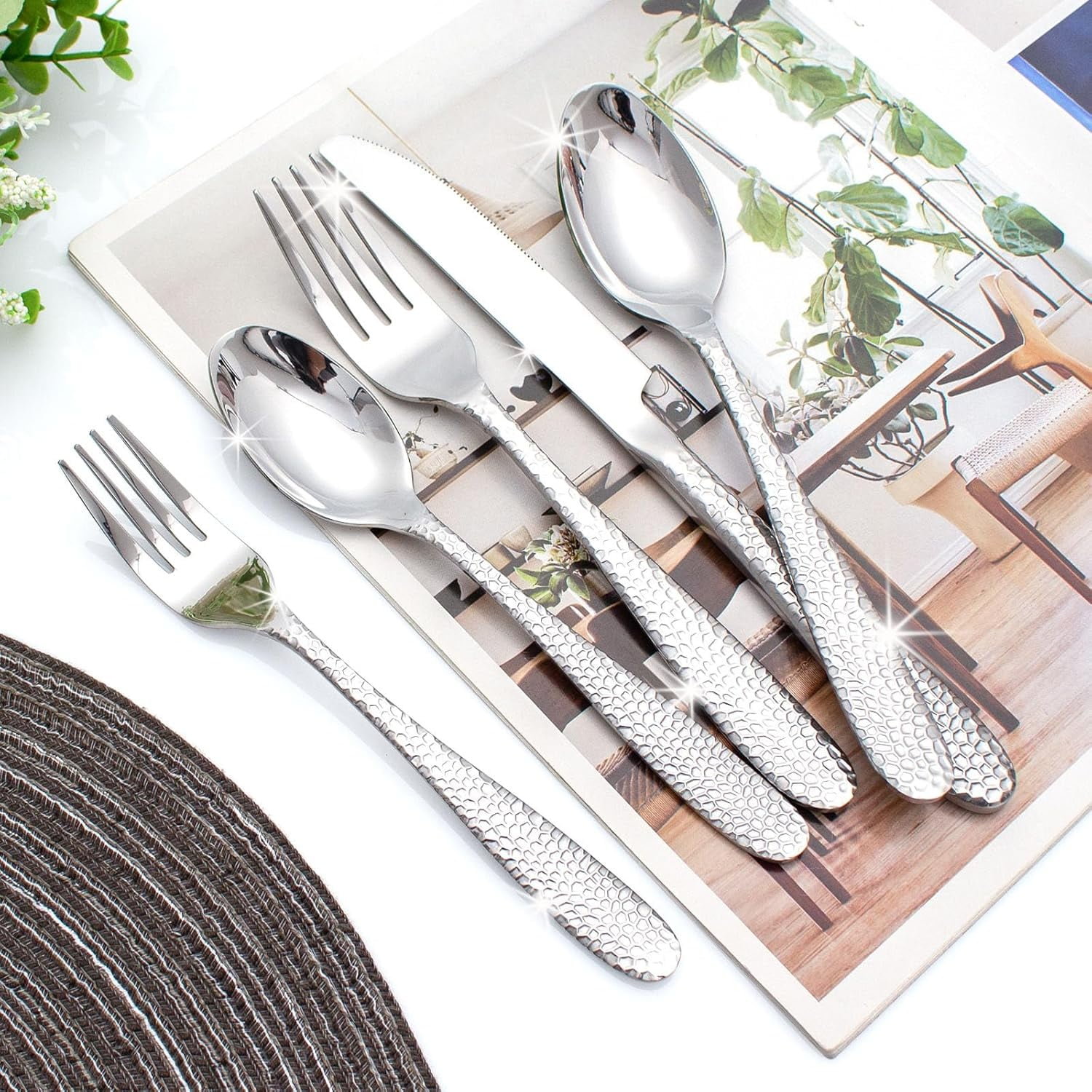 CITESANA 20-Piece Hammered Silverware Set - Mirror Polished Stainless ...