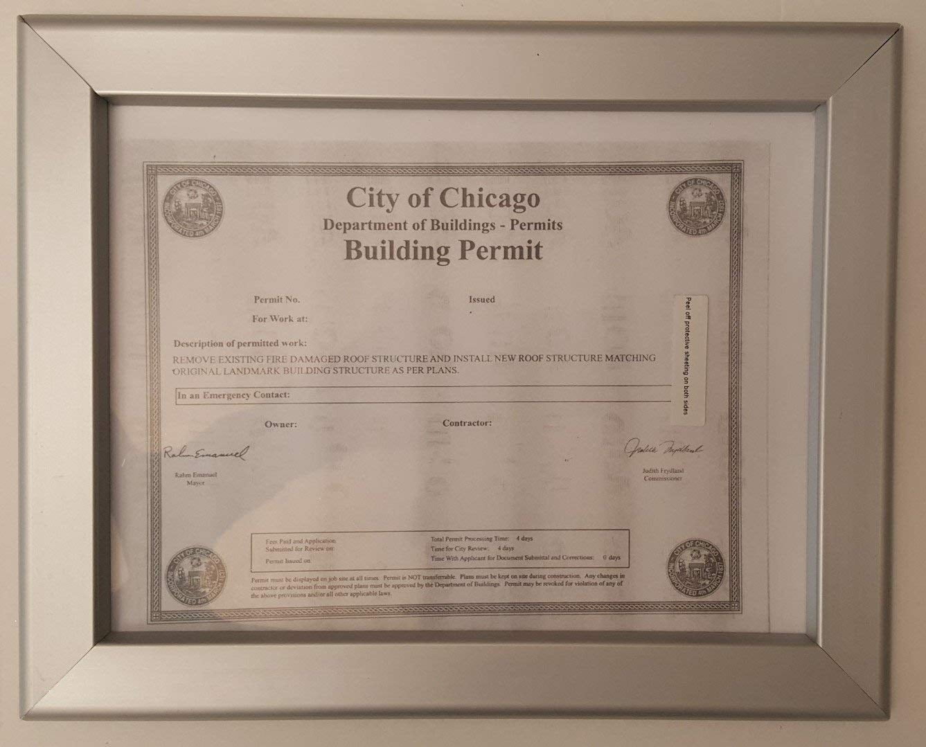 CITY OF CHICAGO BUILDING PERMIT FRAME 8.5 x 11 ( Heavy Duty) - Walmart.com
