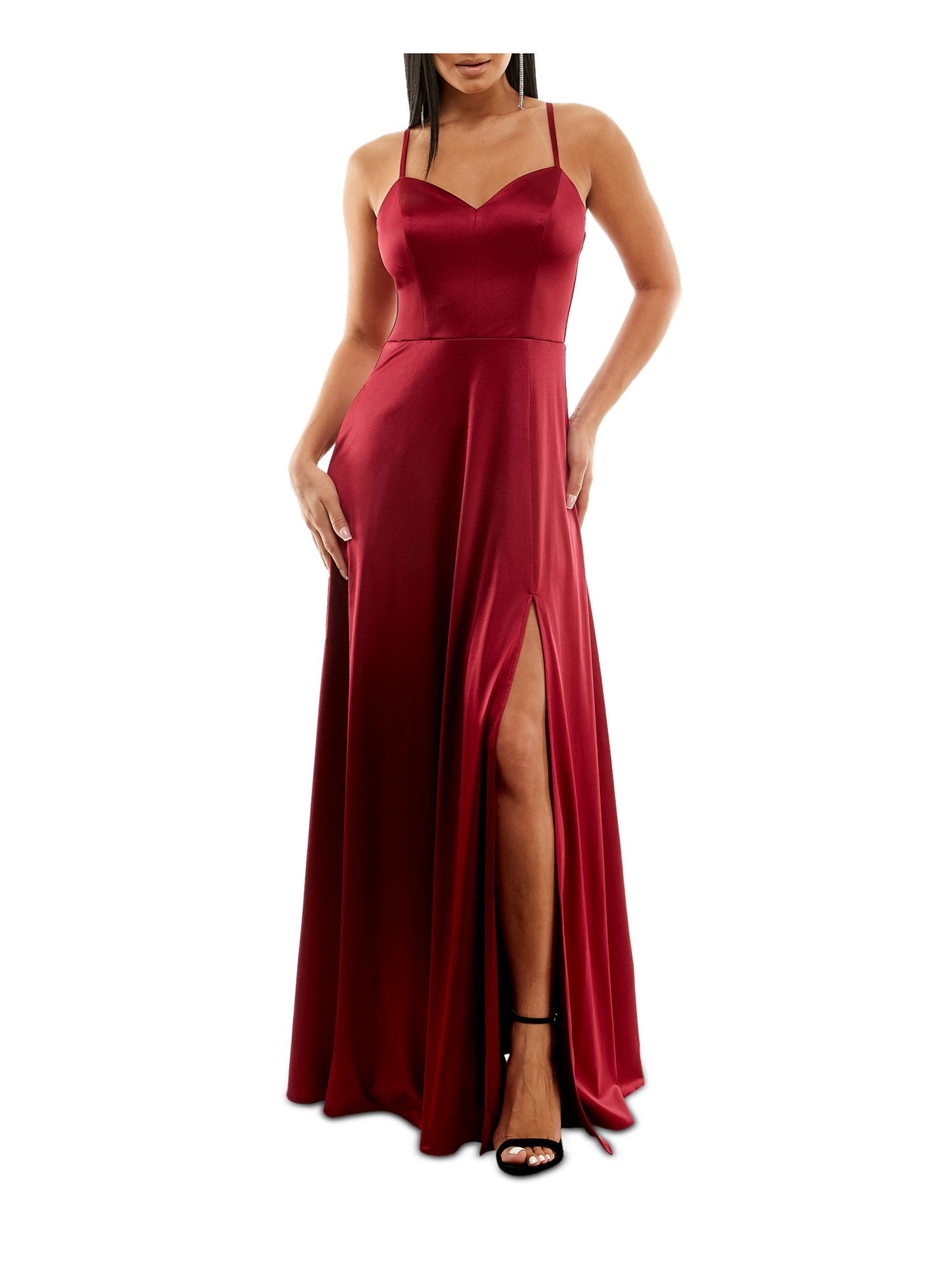 CITY STUDIO Womens Burgundy Slitted Spaghetti Strap Full-Length Formal ...
