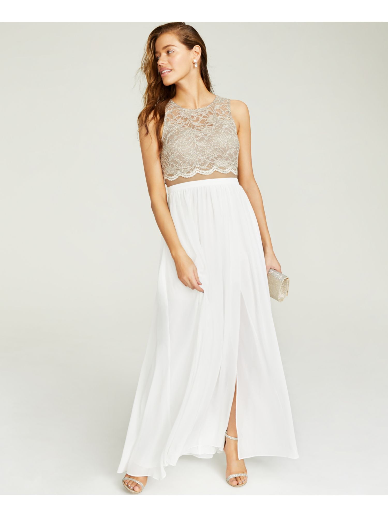 CITY STUDIO Womens White Embroidered Sleeveless Halter Full-Length Prom ...