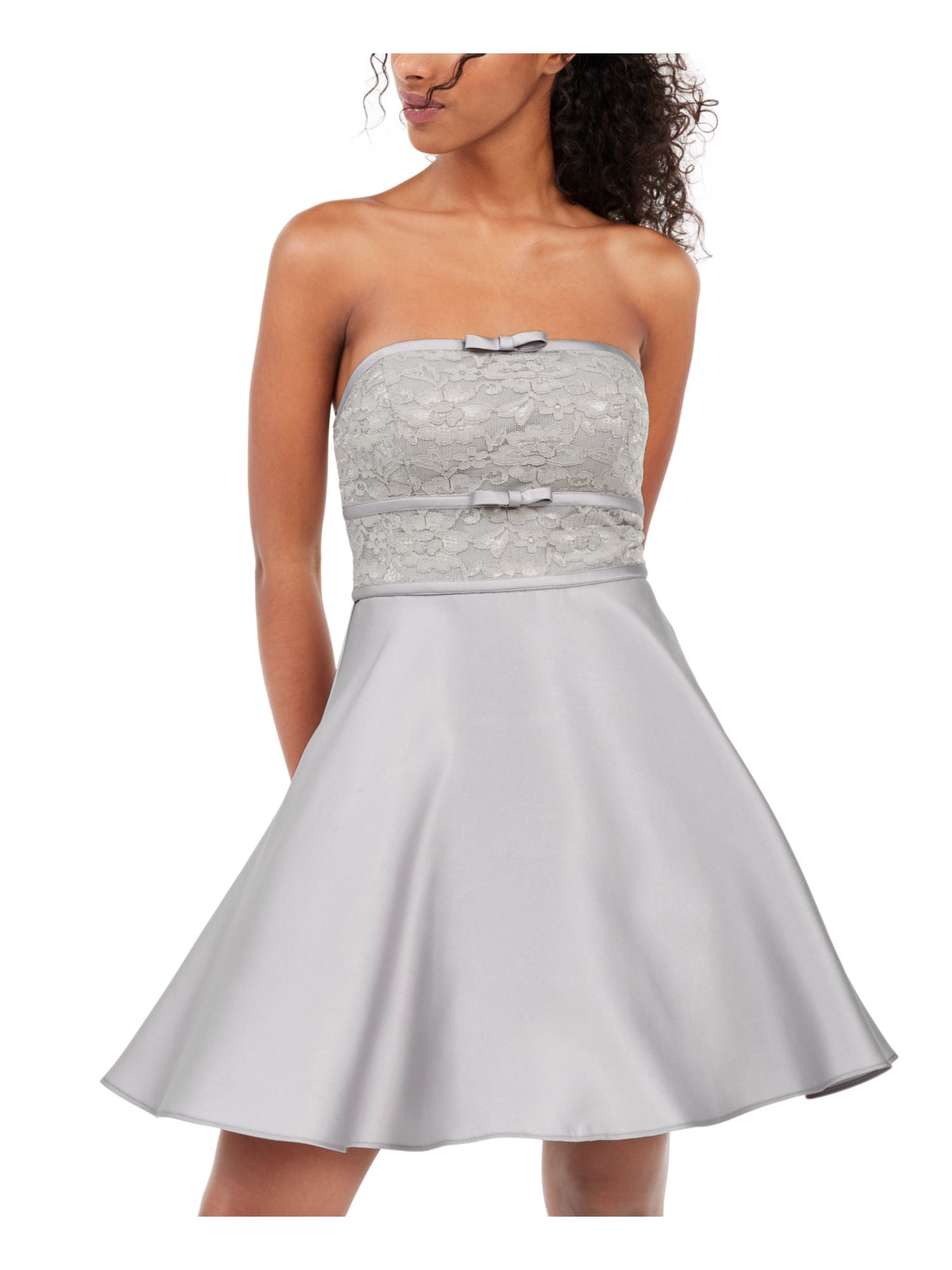 CITY TRIANGLES Womens Silver Lace Zippered Sleeveless Strapless Short ...