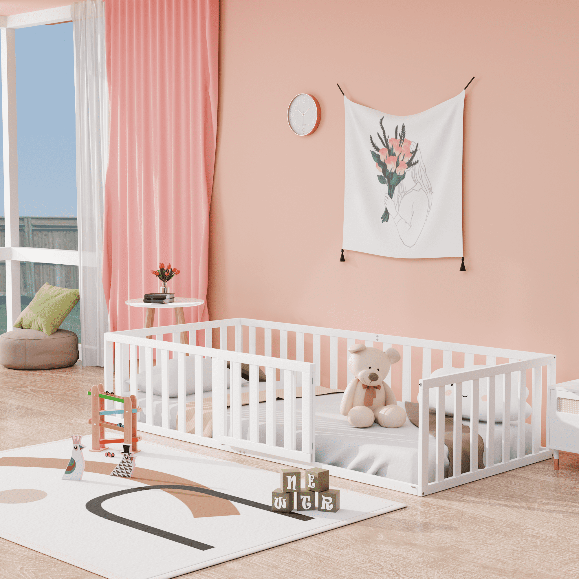 CITYLE Full Floor Bed with Door & Safety Fence, Wooden Montessori Bed ...