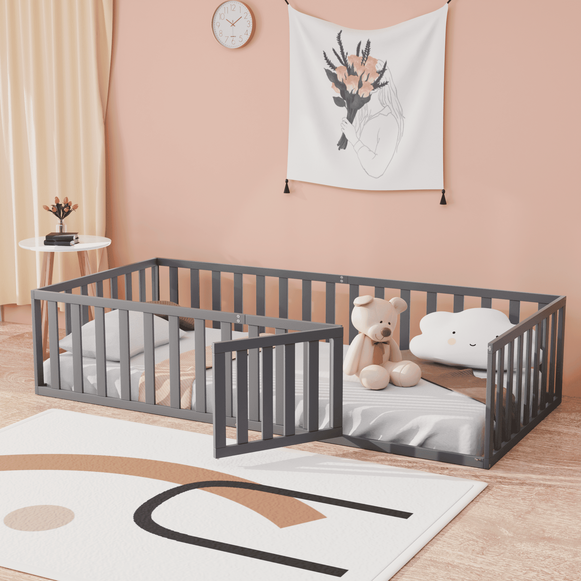 CITYLE Queen Floor Bed with Door & Safety Fence, Wooden Montessori Bed ...