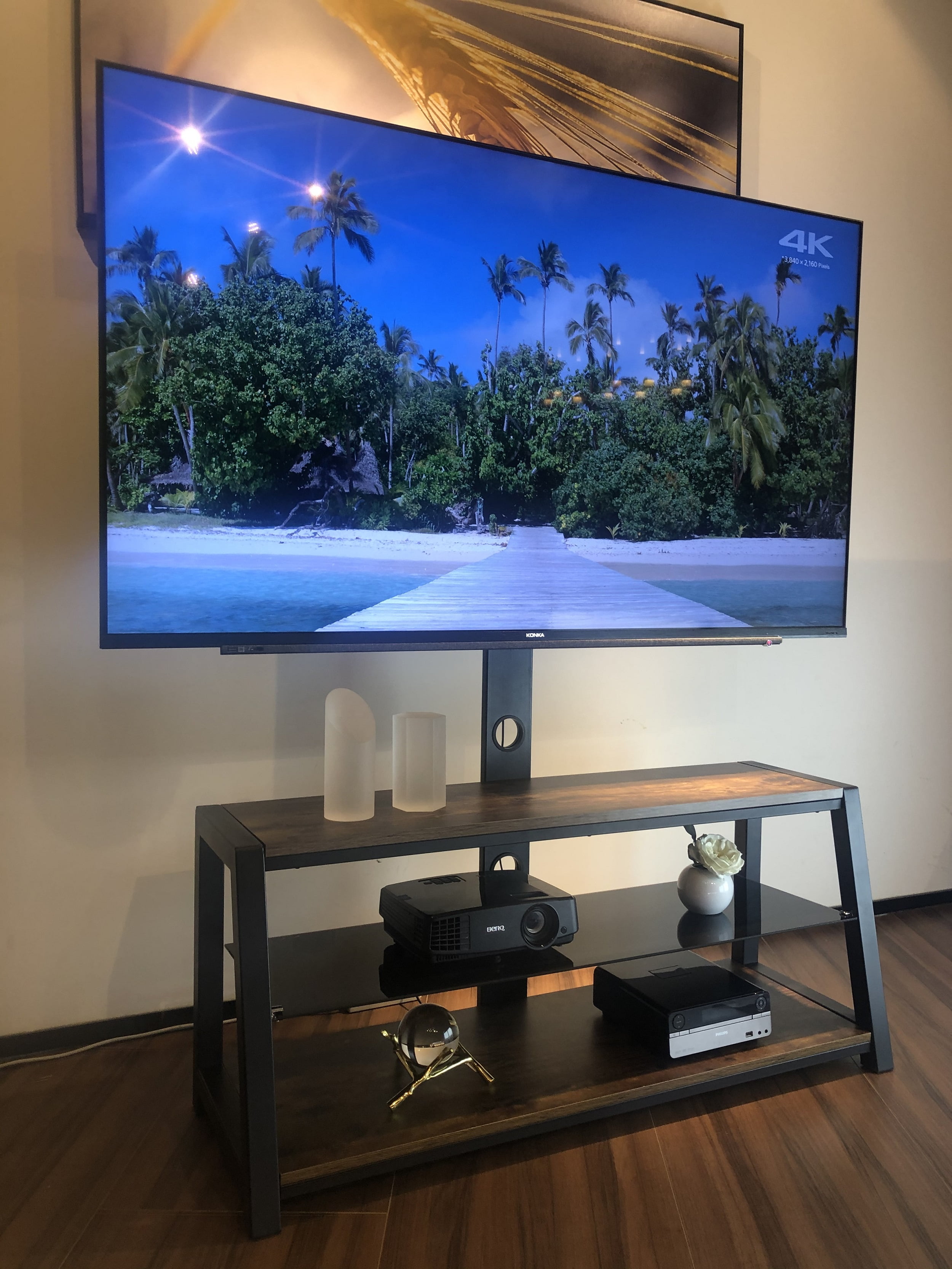 CITYLE Swivel Floor TV Stand, Wooden Storage Tv Stand, Tempered Glass ...