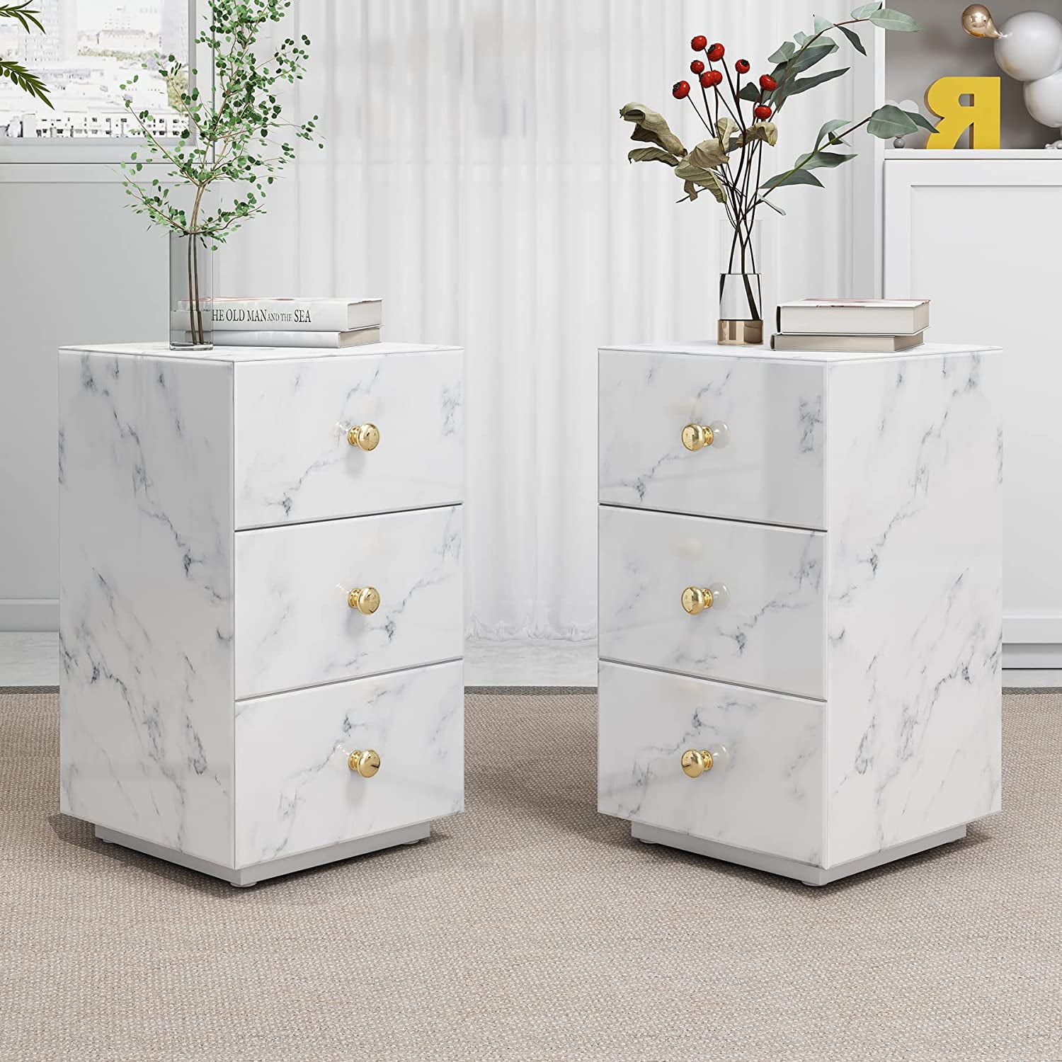 CITYLE Tempered Glass Marble Texture Bedside Table, End Table with 3 ...
