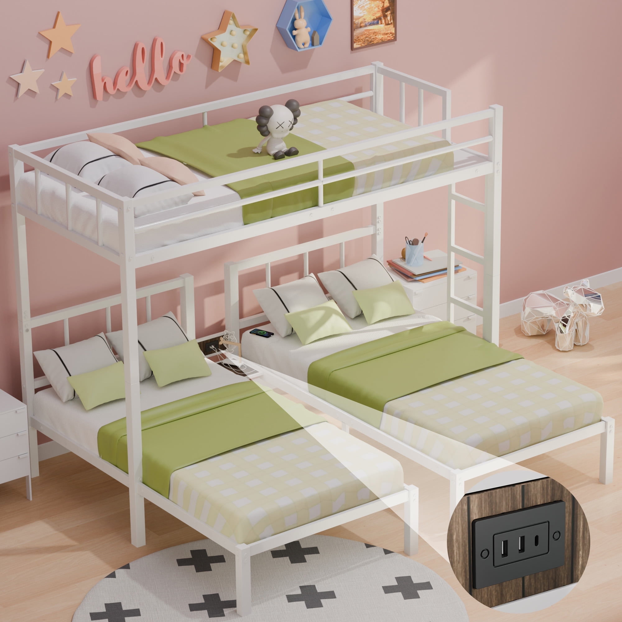 CITYLE Triple Bunk Bed for Kids, Metal Twin over Twin and Twin 3 Beds ...